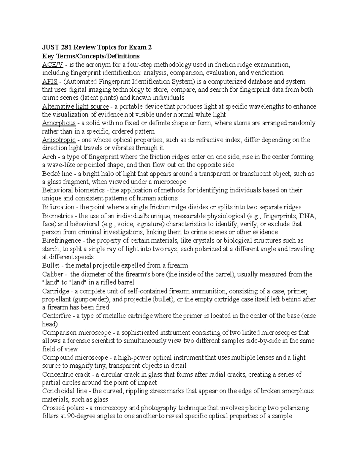 Forensic Science JUST 281 Exam 2 Review: Key Terms & Concepts - Studocu