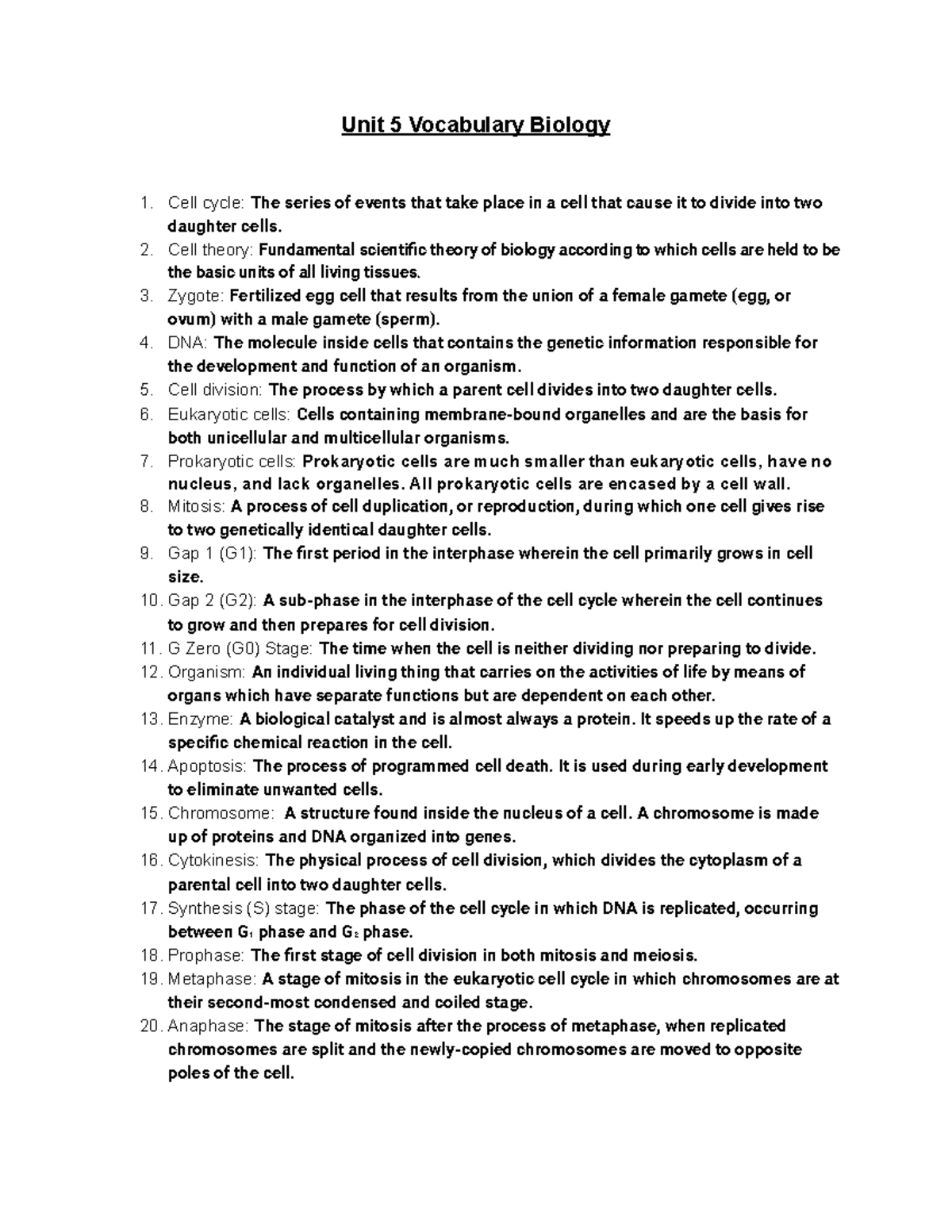 10th Grade Biology Unit 5 Key Vocabulary Terms and Definitions - Studocu