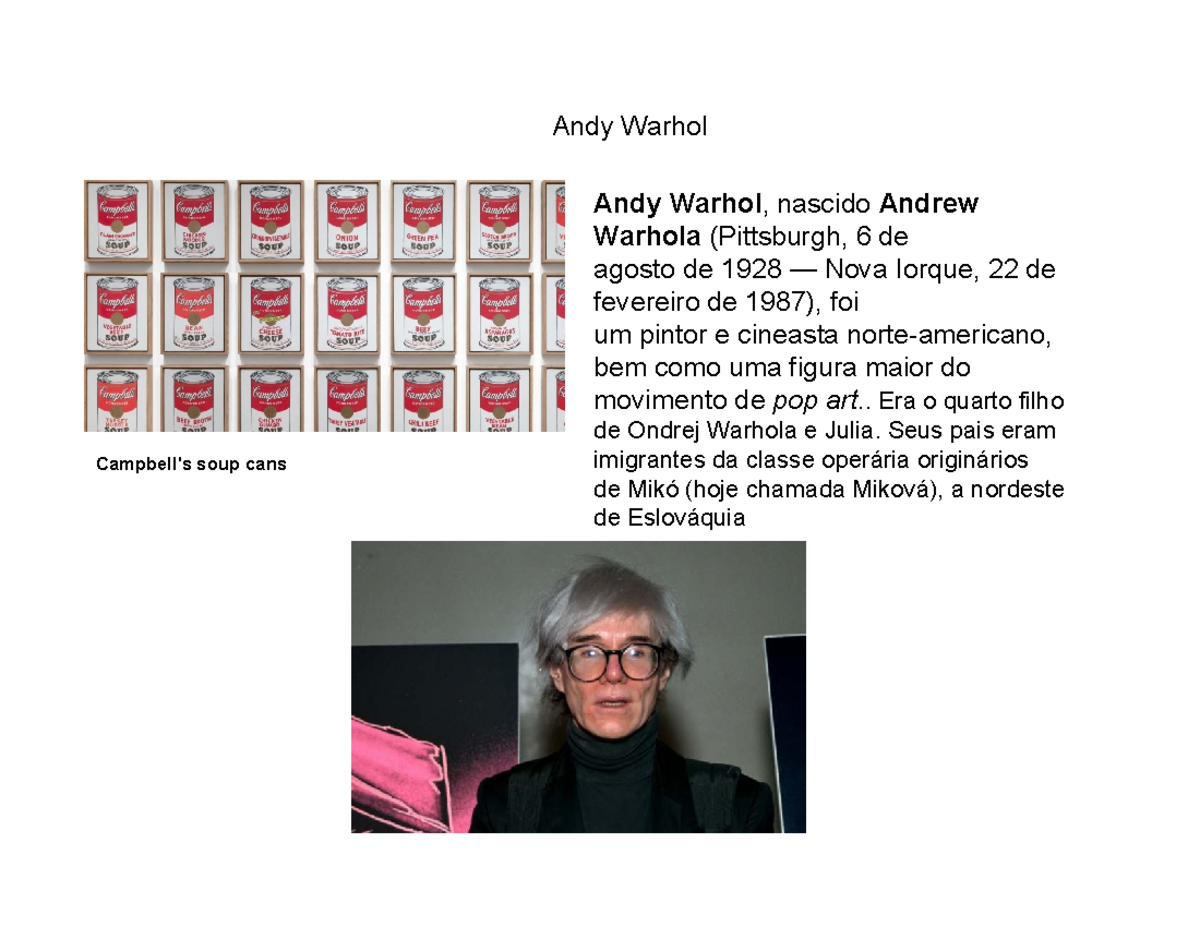 Andy Warhol: Vida e Obra de um Ícone da Pop Art - Inês Batista - Studocu