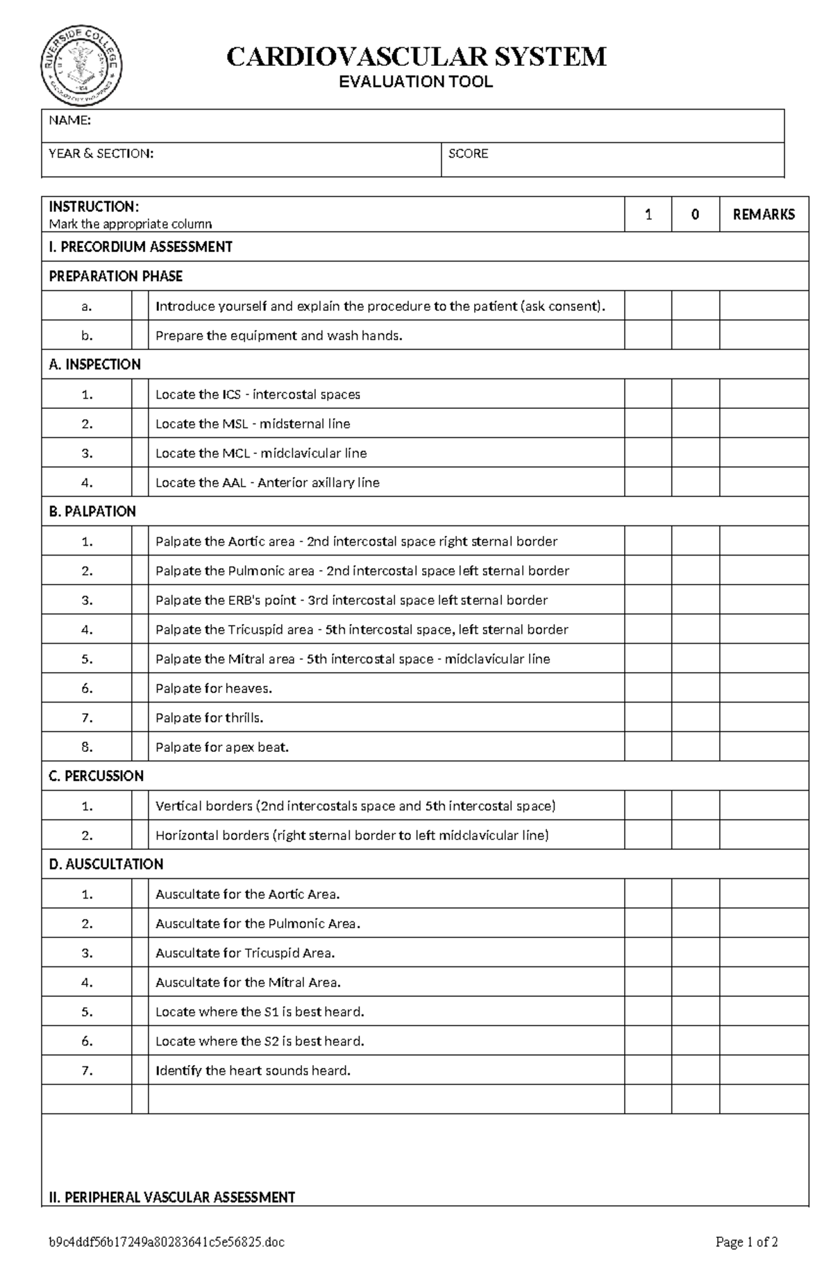 Cardiovascular System Evaluation Tool: Assessment Guide - Studocu