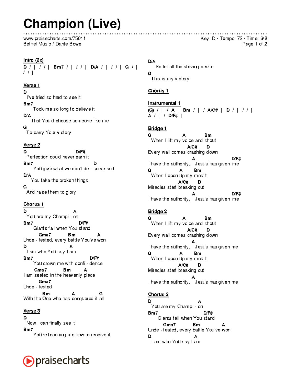 Champion (Live) Chord Chart - Bethel Music (Key: D, Tempo: 72) - Studocu