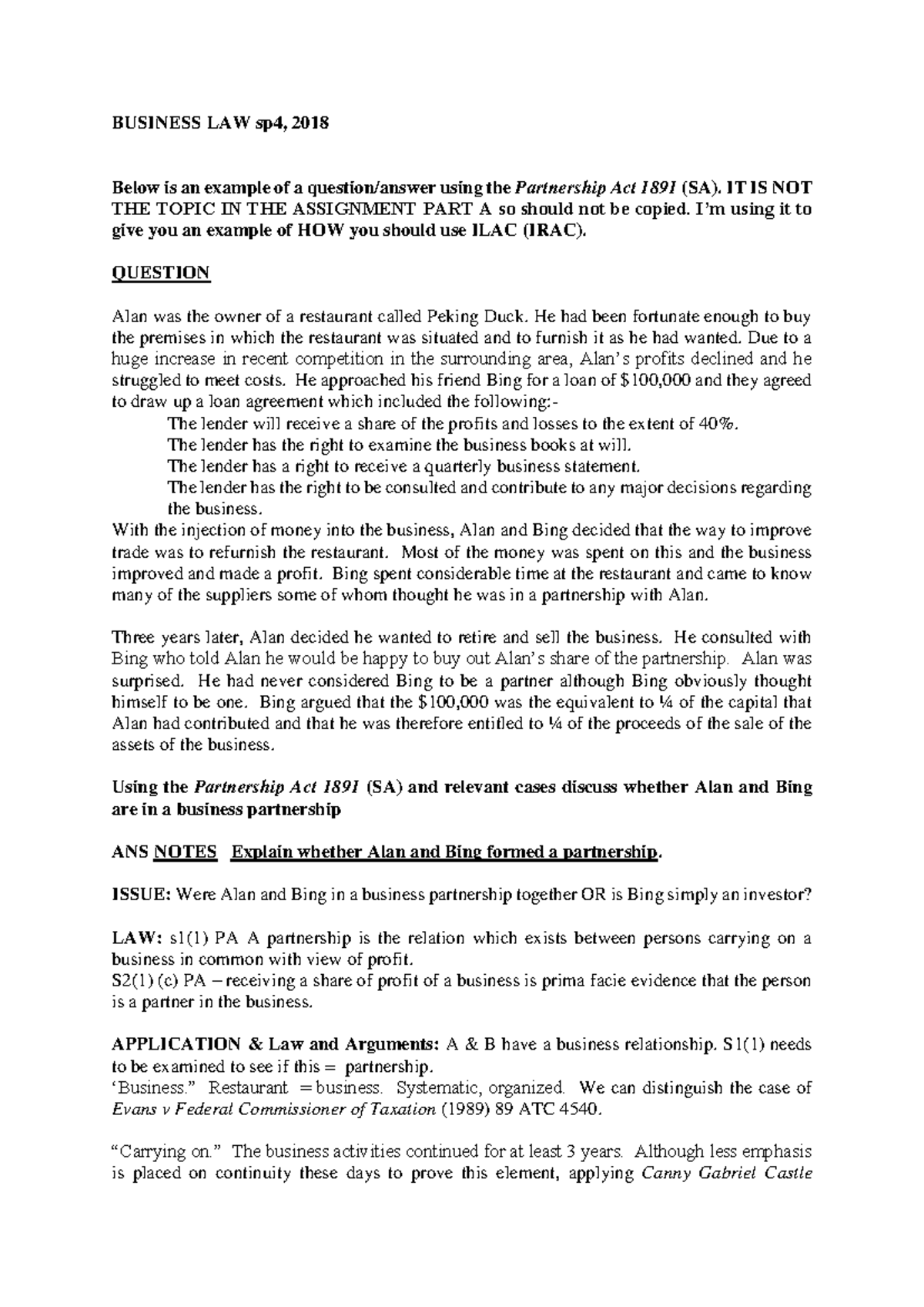 Example of IRAC answer on Partnership - BUSINESS LAW sp4, 2018 Below is ...
