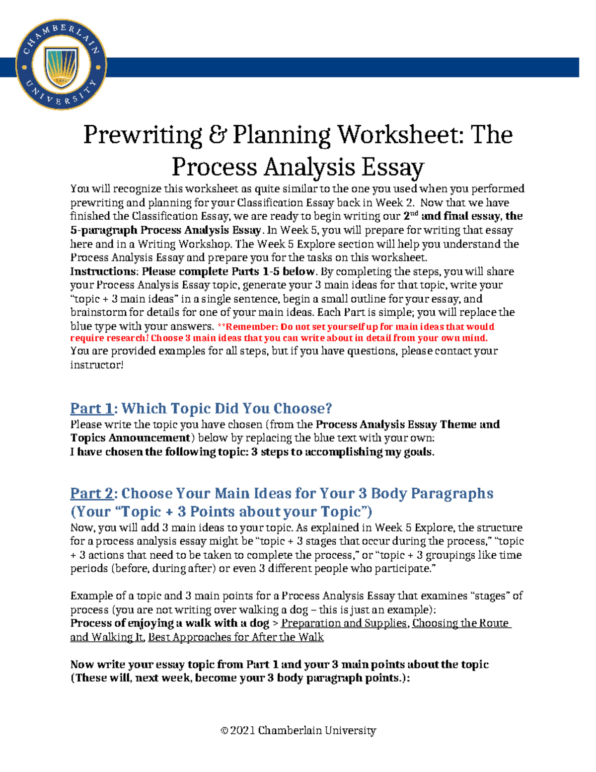 Process Analysis Essay Prewriting Planning Worksheet with Examples (1 ...
