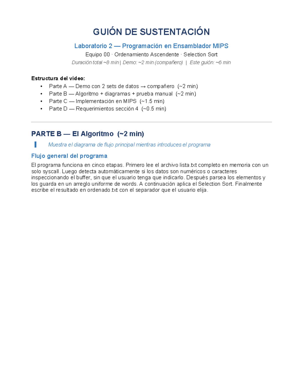 Guión de Sustentación Lab 2: Ordenamiento Ascendente en MIPS - Studocu