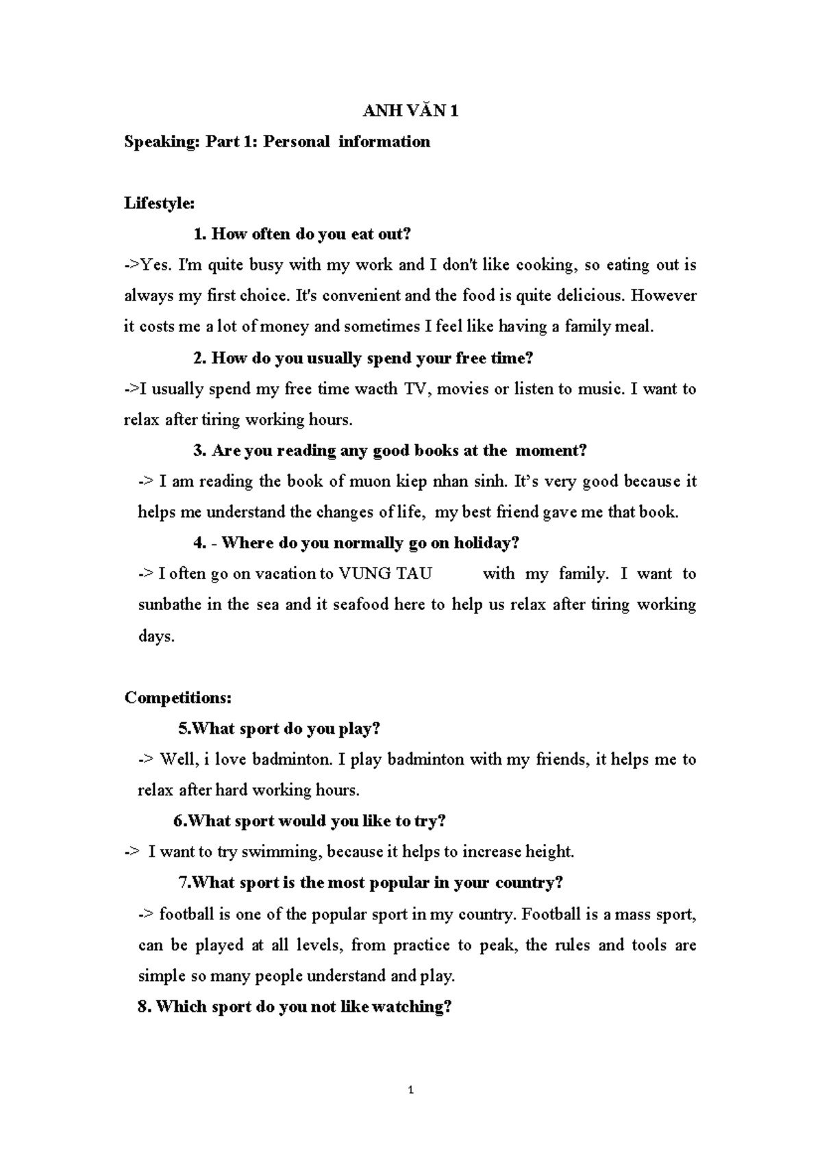 Anh Văn 1: Speaking Skills - Midterm Exam Preparation - Studocu