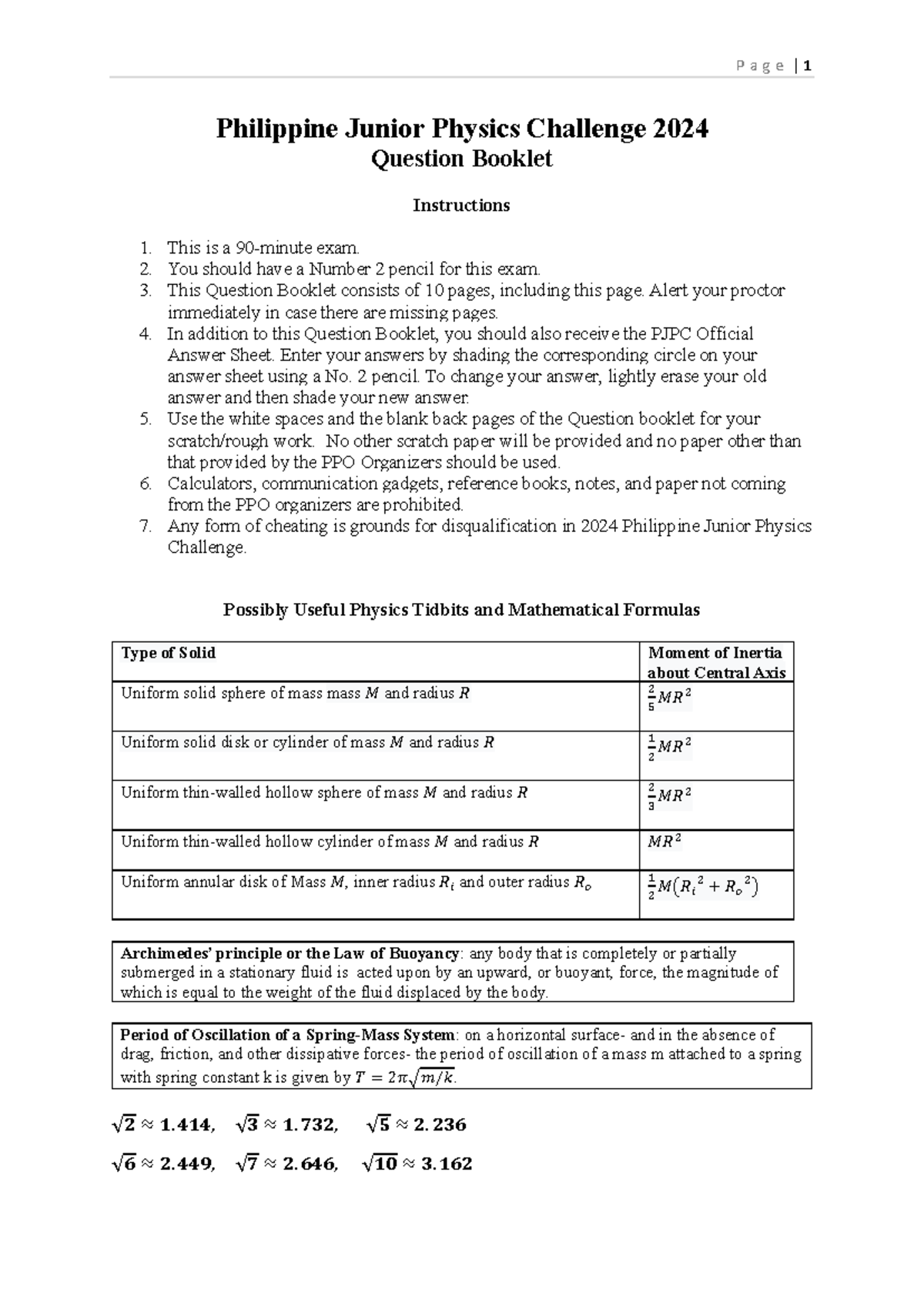 Philippine Junior Physics Challenge 2024 Exam Question Booklet - Studocu