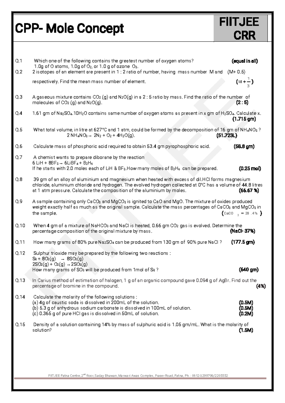 Mole Concept CPP - Practice Material for FI I TJEE - Studocu