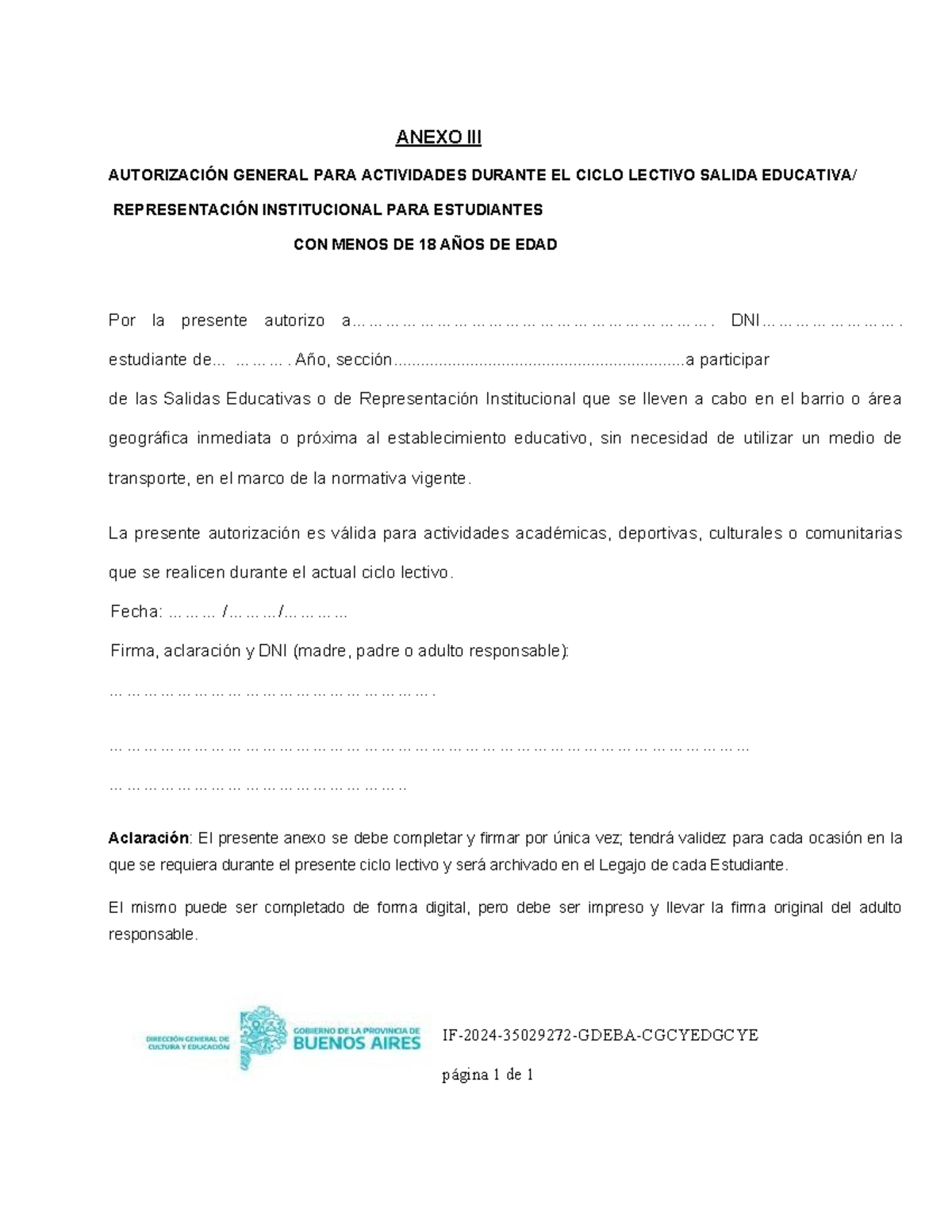 Autorización General para Salidas Educativas - Anexo III IF-2024-35029272 - Studocu