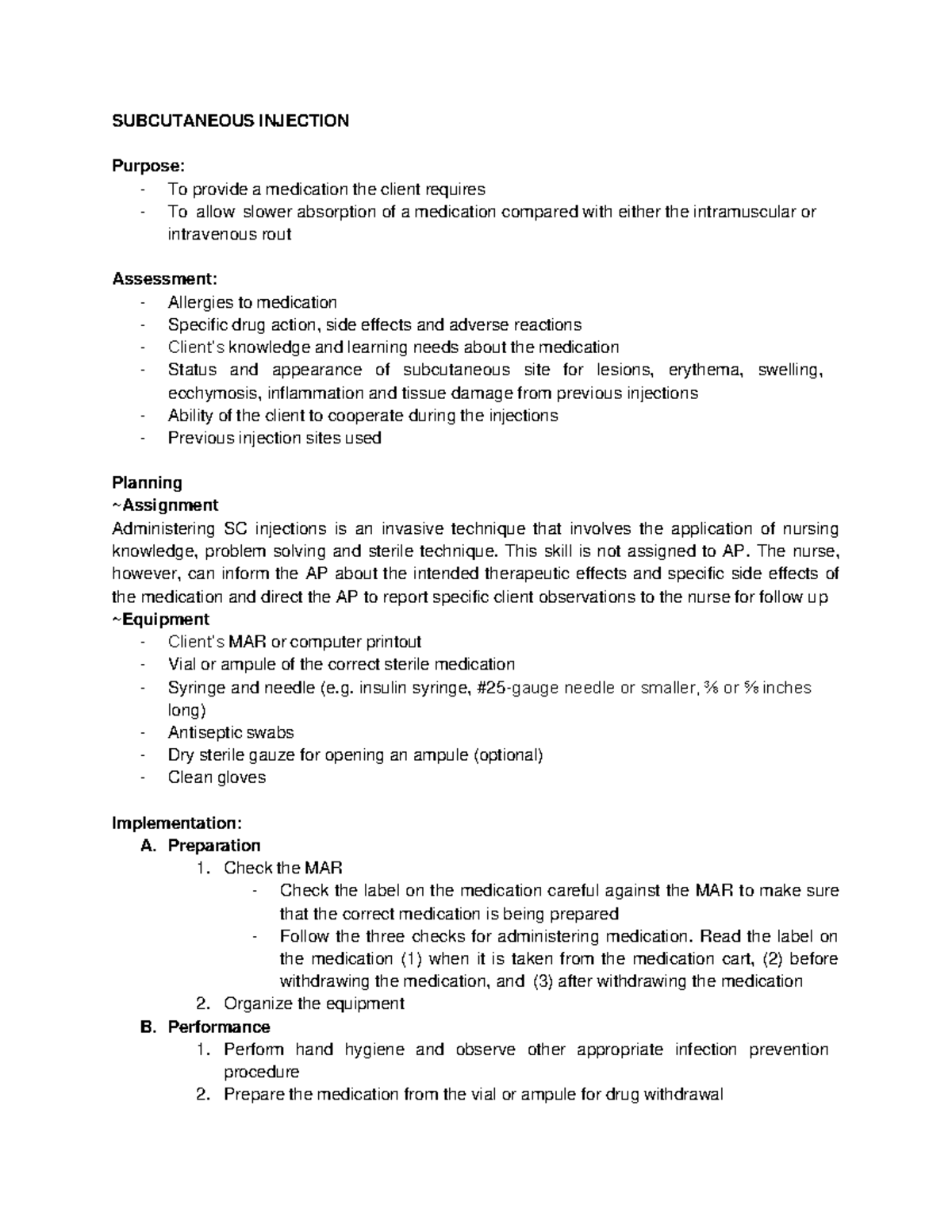 RLE - Subcutaneous Injection - SUBCUTANEOUS INJECTION Purpose: - To ...