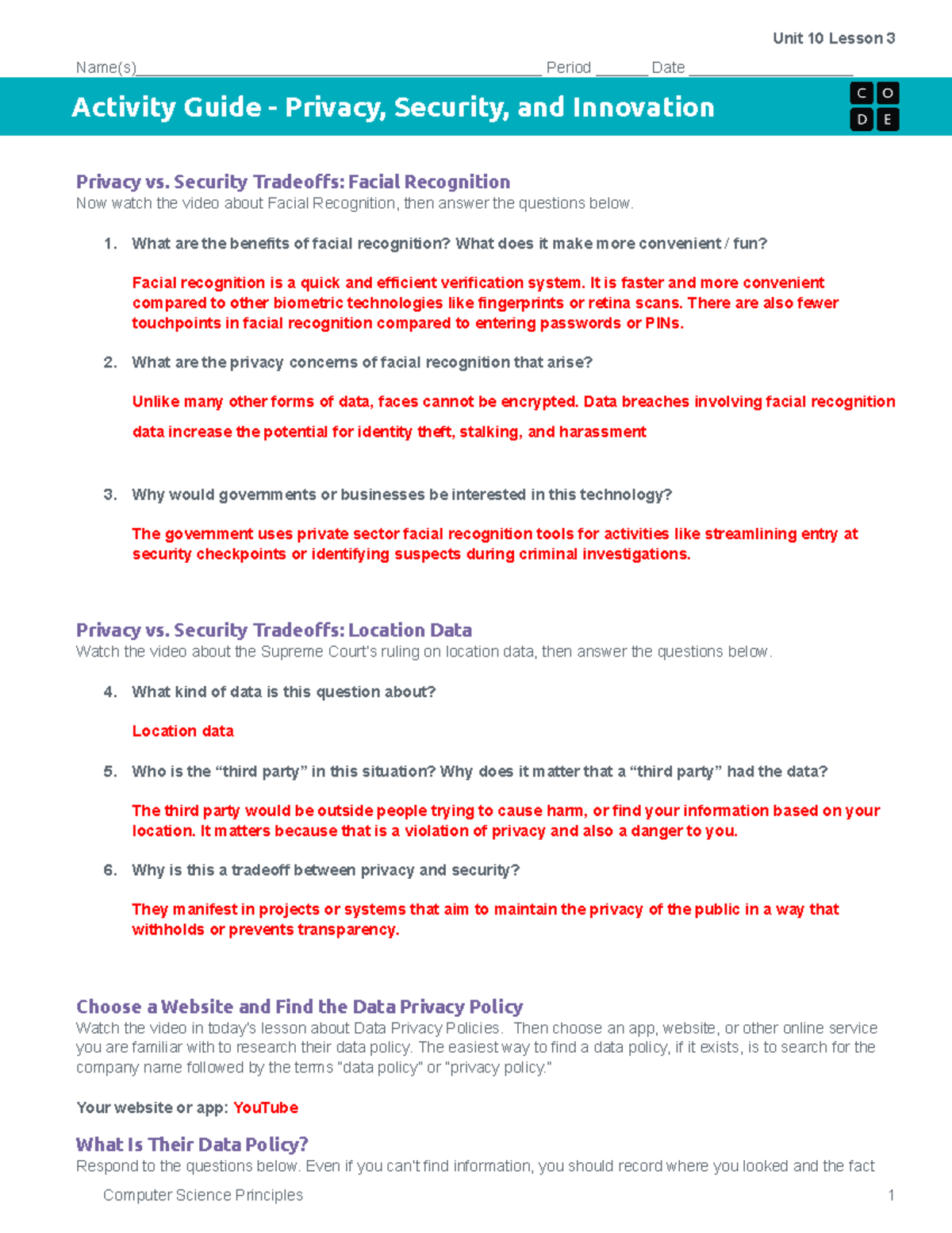 Unit 10 Lesson 3: Privacy, Security, and Innovation Activity Guide ...