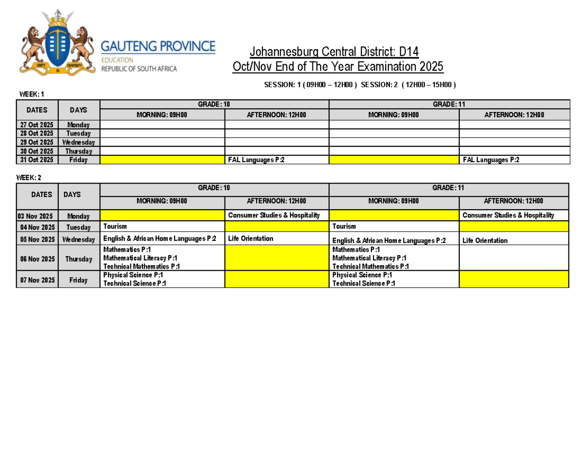 Grade 10-11 October Exam Timetable 2025: Johannesburg Central D14 - Studocu