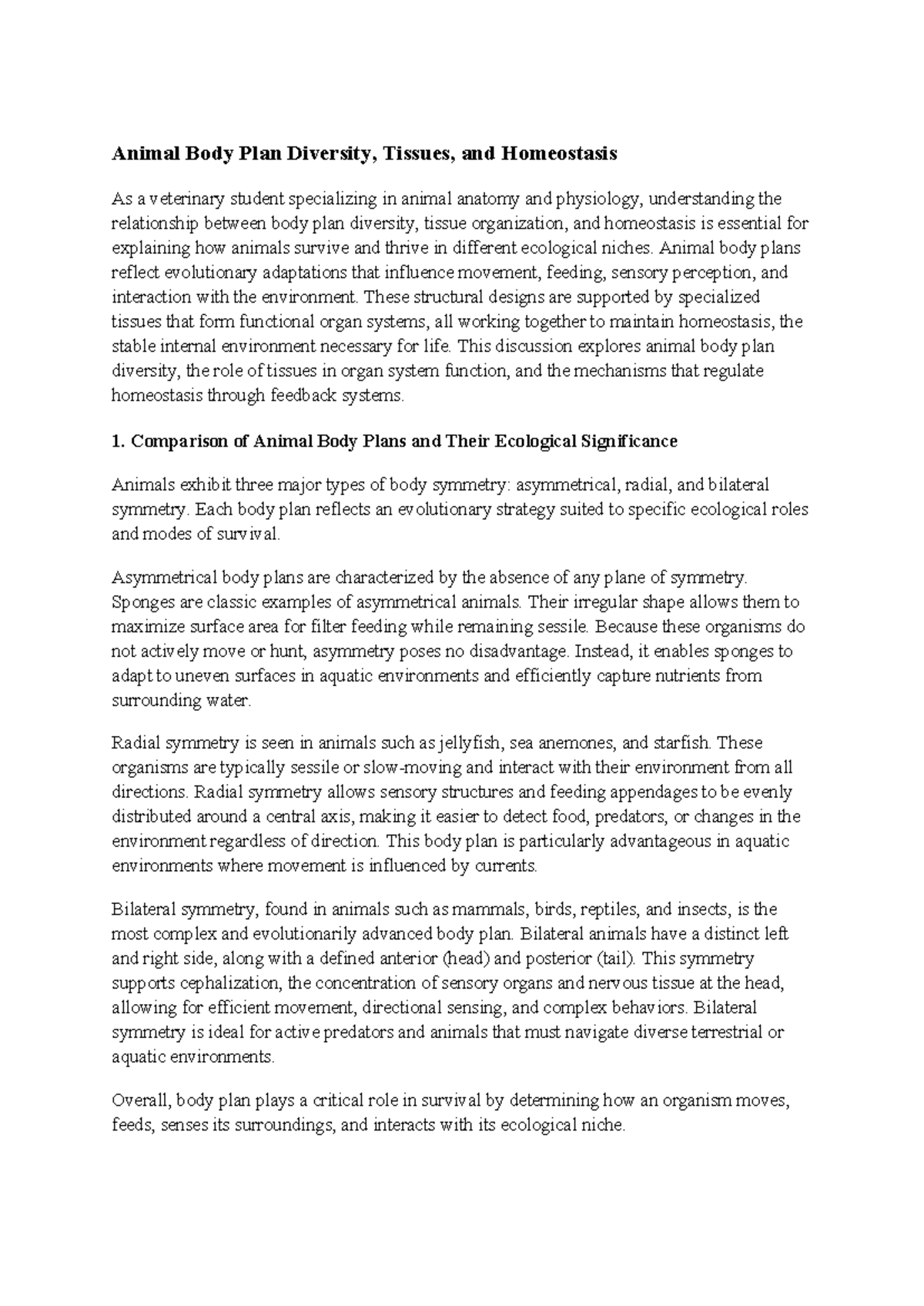 Animal Body Plan Diversity, Tissues, and Homeostasis (Unit 7) - Studocu