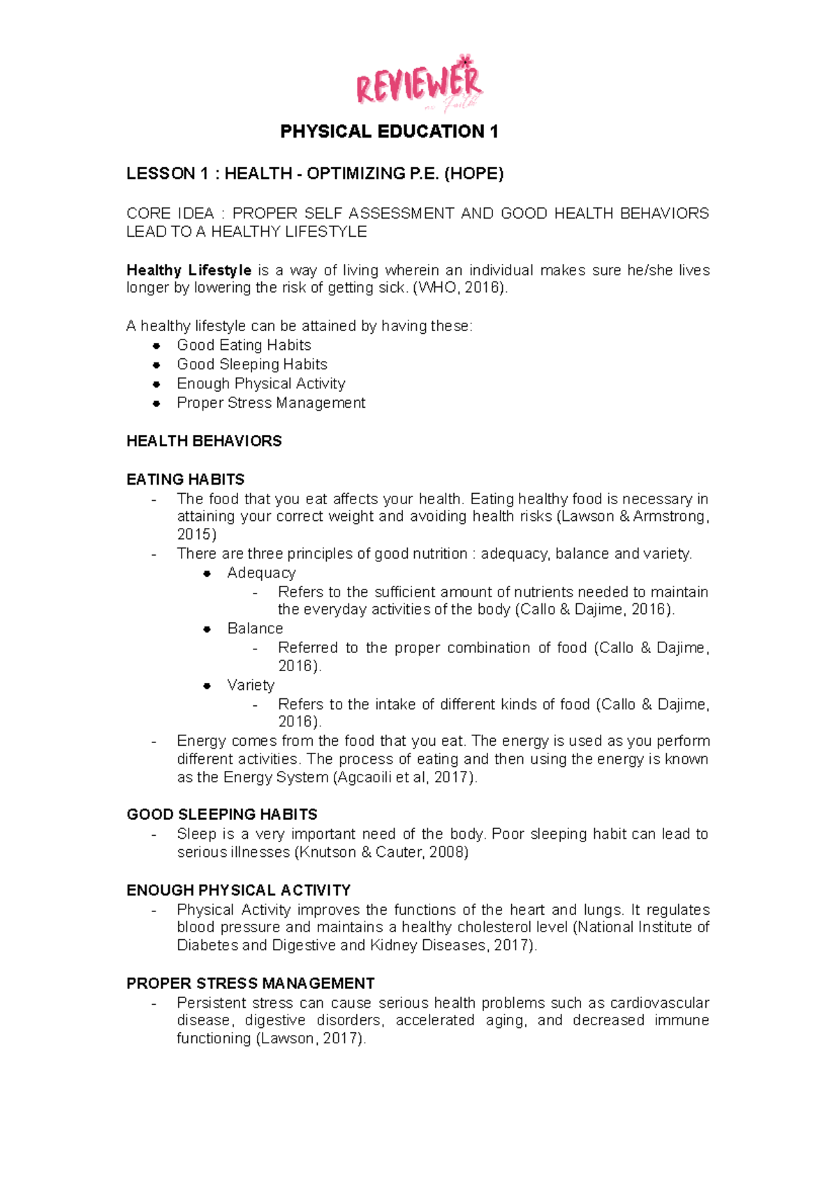 PE 1: Lesson 1 - Health Optimization & Good Habits for a Healthy Life ...