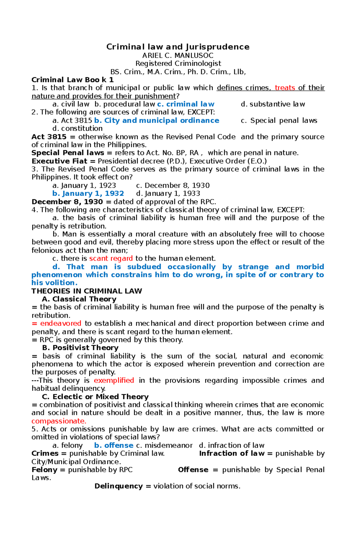 Criminal Law & Jurisprudence Study Guide - CLJ by Manlusoc - Studocu
