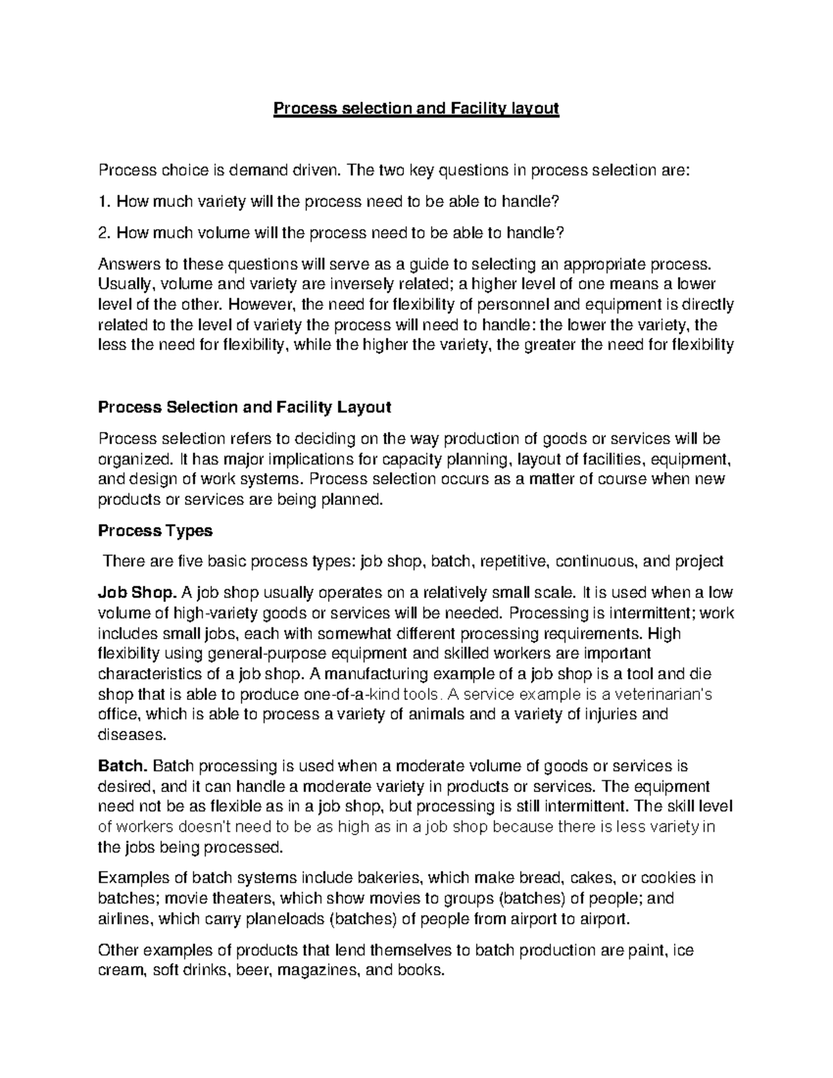 Process Selection and Facility Layout - Copy - Process selection and Facility layout Process ...