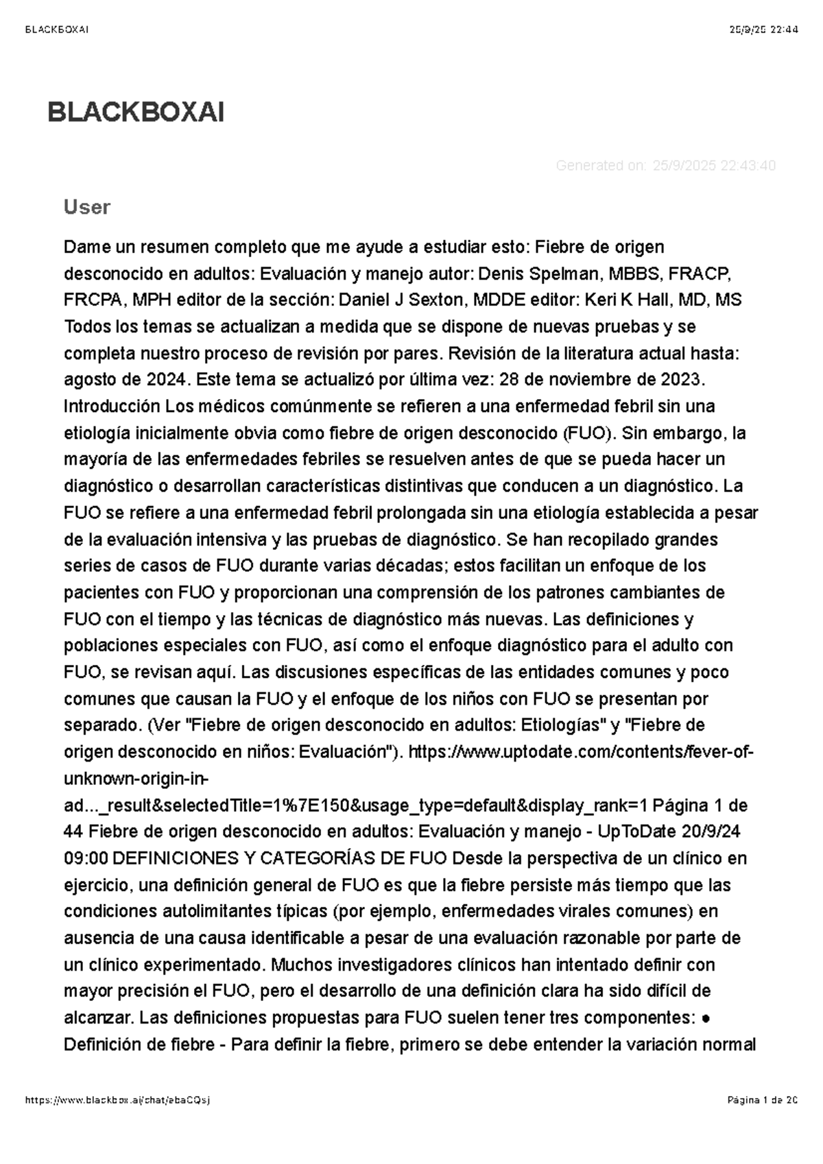 Resumen Completo: Fiebre de Origen Desconocido (FUO) en Adultos: Evaluación y - Studocu