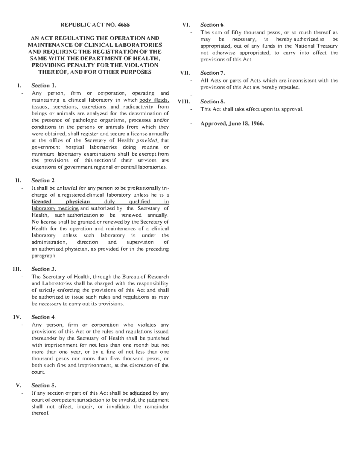 RA 4688 Clinical Laboratory Law: Key Provisions & Regulations - Studocu