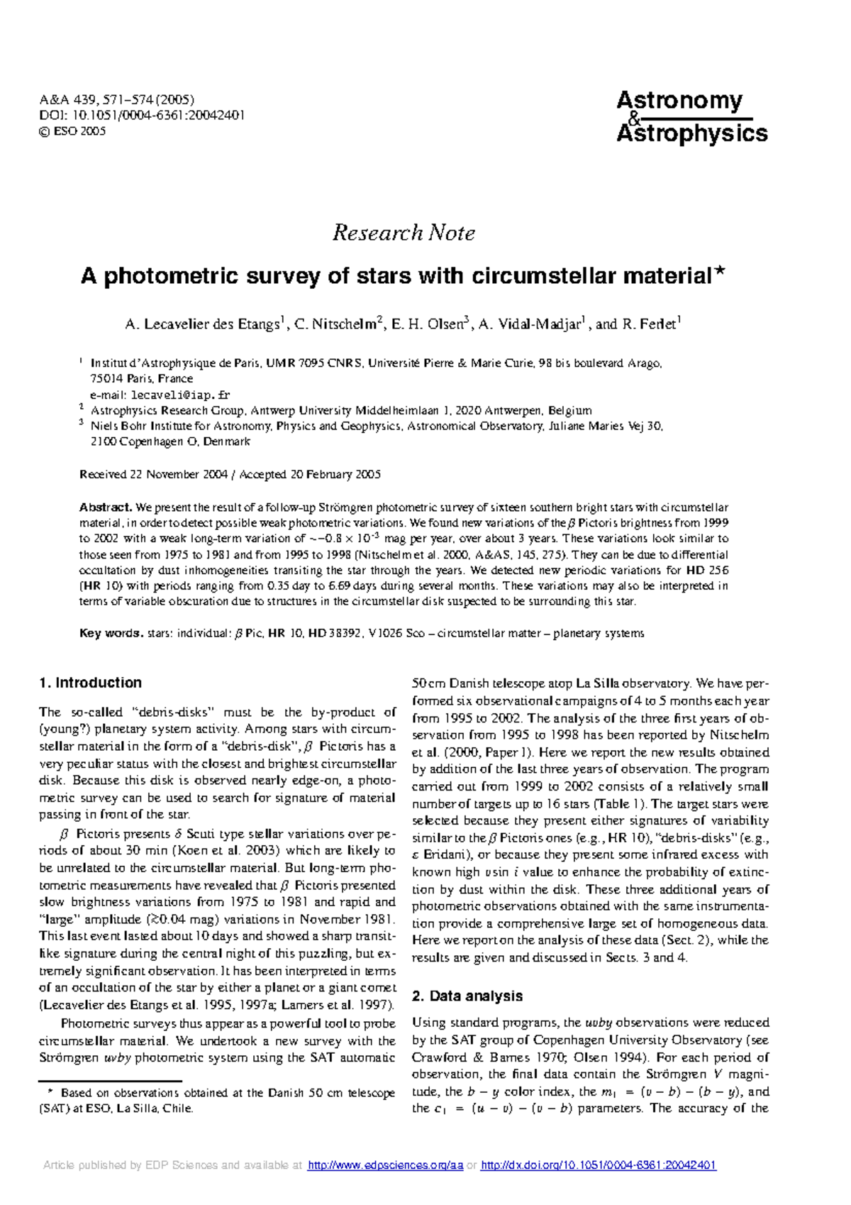 Astronomy 439: Photometric Survey of Stars with Circumstellar Material ...