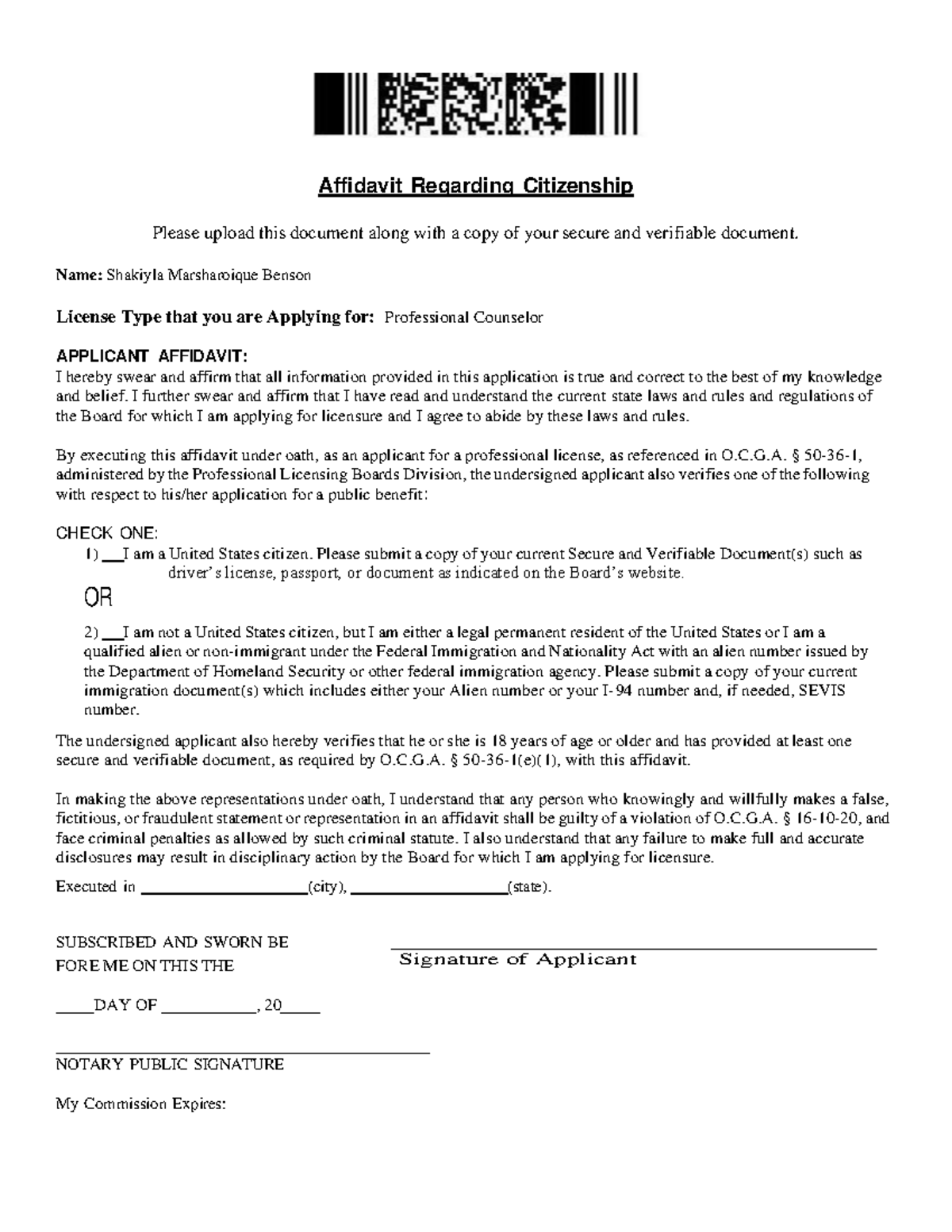 Affidavit of Citizenship for Professional Counselor License - Studocu