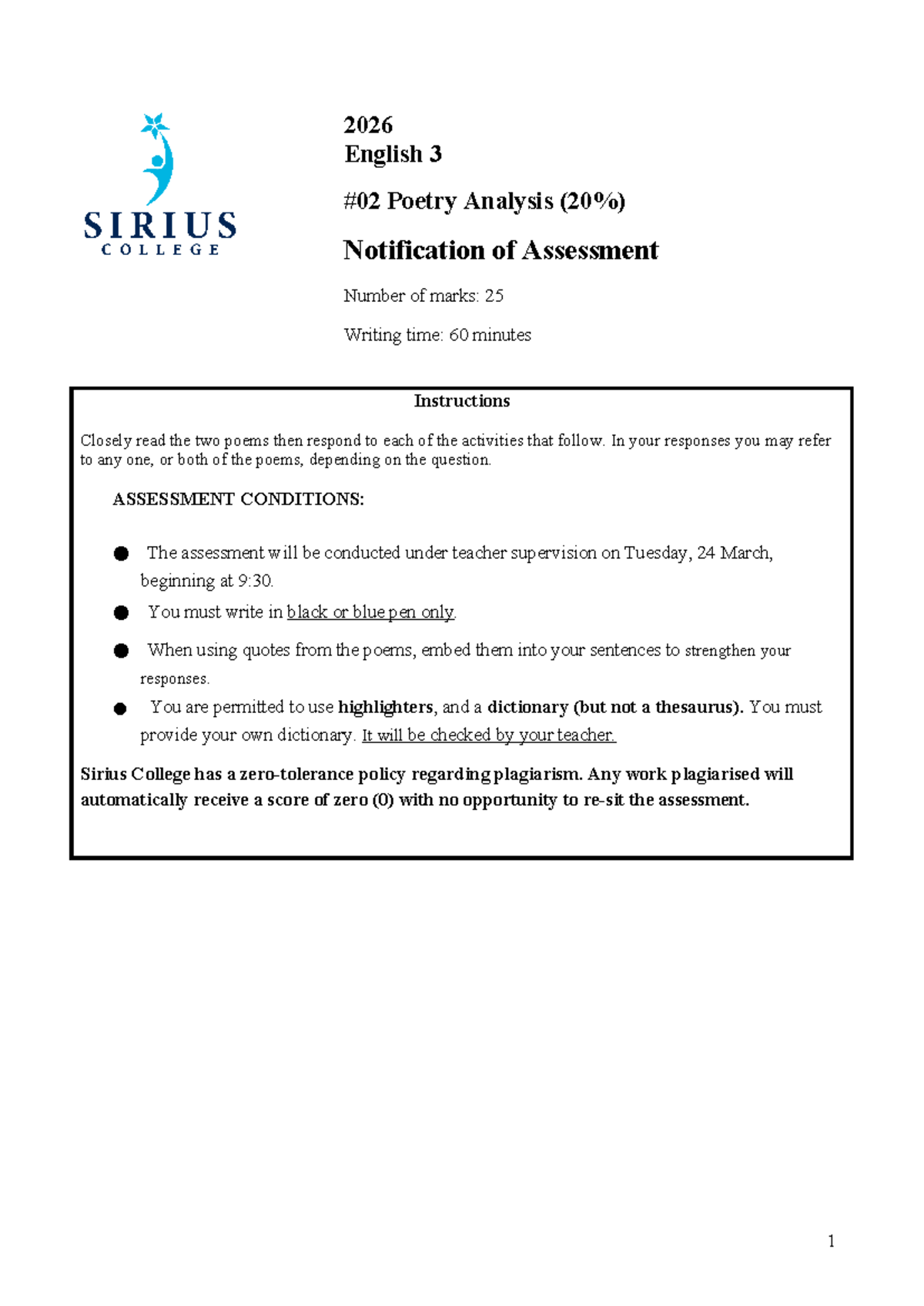 2026 English 3 Poetry Test - Assessment #02 (20% Marks) - Studocu