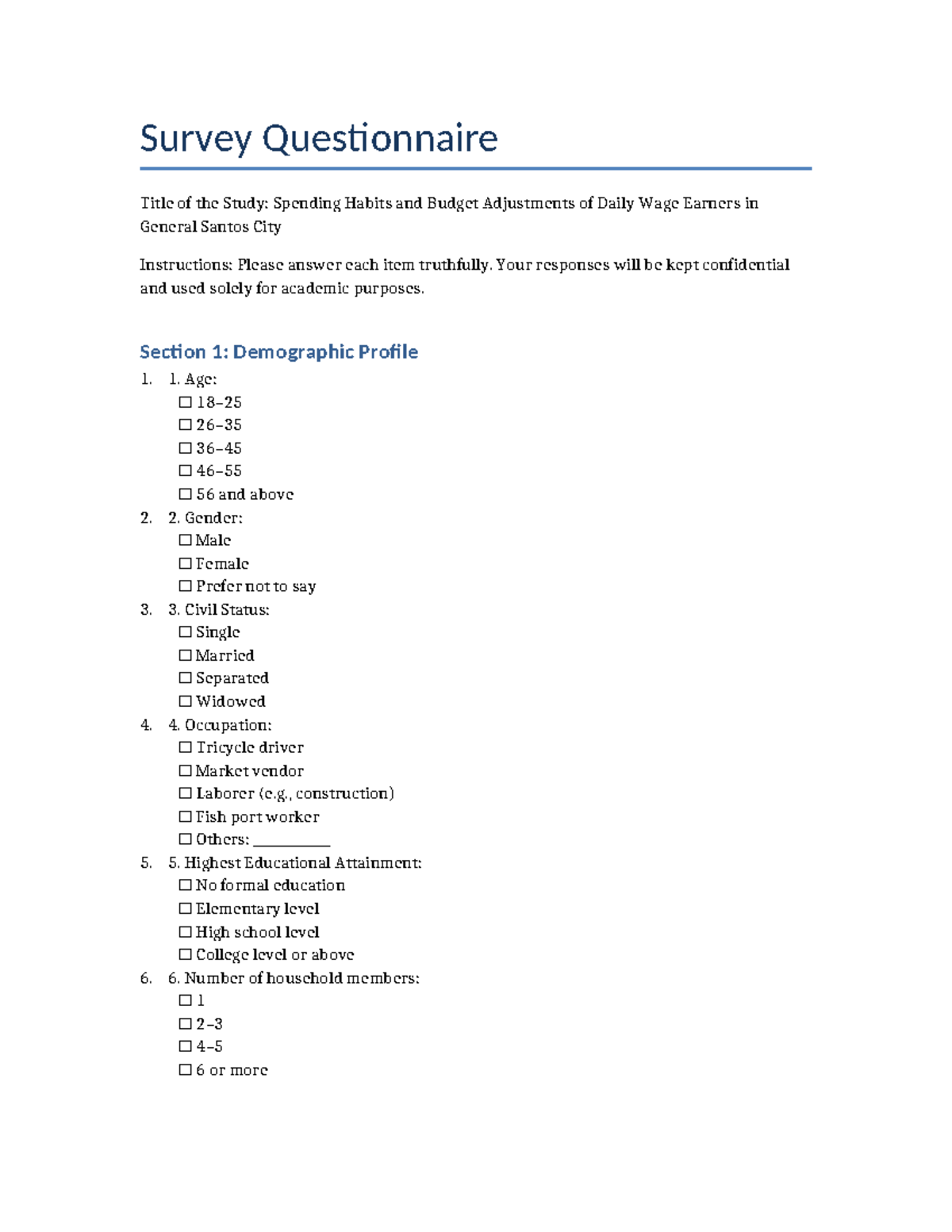 Revised Survey Questionnaire: Spending Habits of Daily Wage Earners in ...