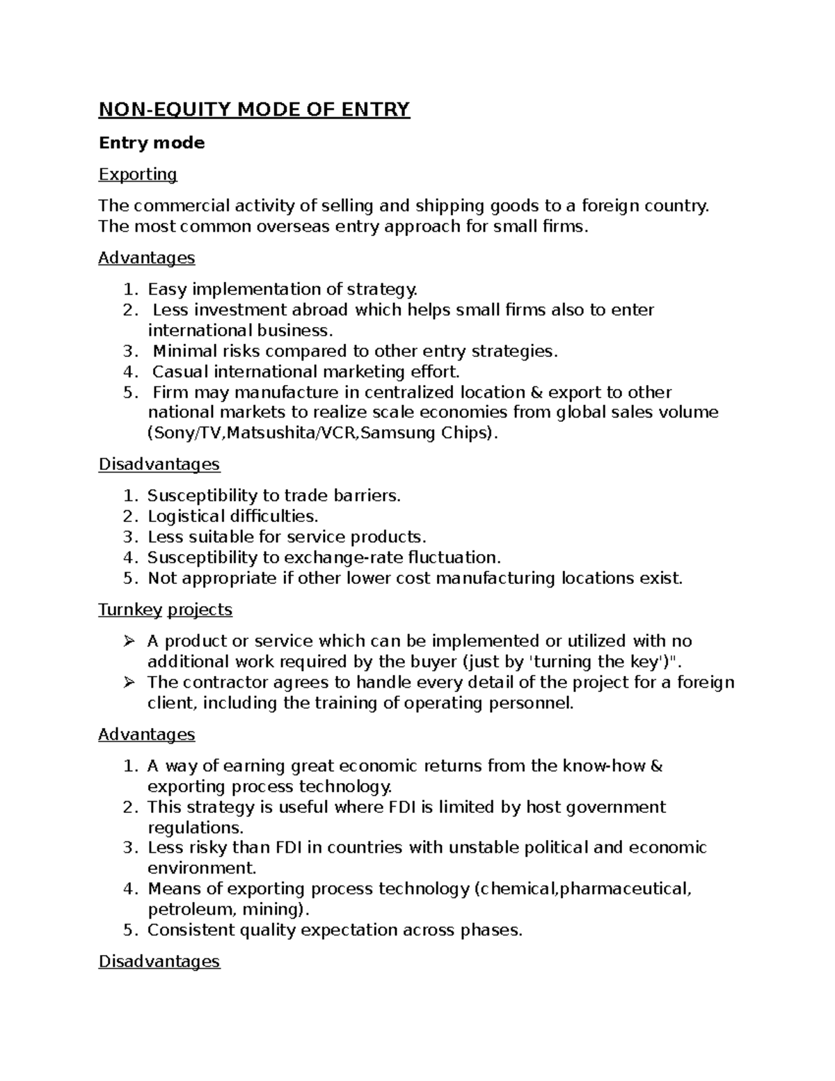 Tutorial chapter 4 - NON-EQUITY MODE OF ENTRY Entry mode Exporting The ...