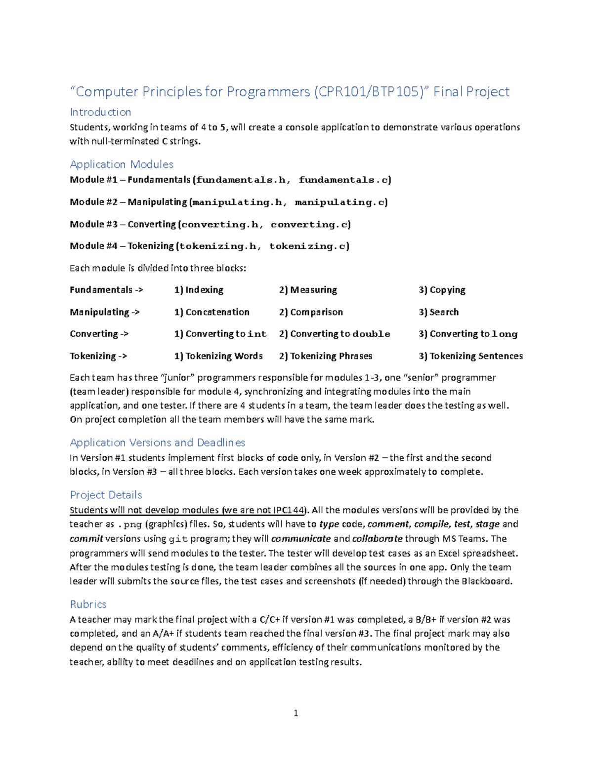 Final Project Overview - 1 “Computer Principles for Programmers (CPR101 ...