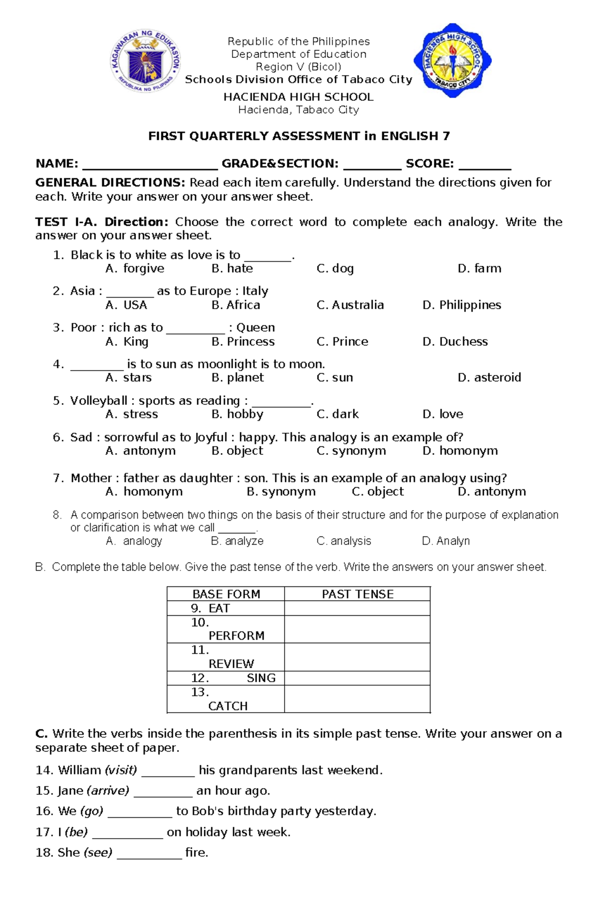 First Quarterly Assessment in ENGLISH 7 (Q1) - Hacienda High School ...