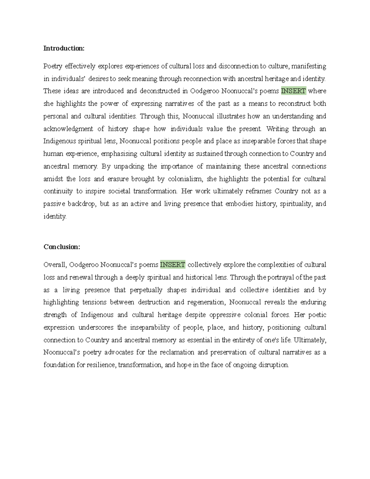 ENG101: Intro & Conclusion on Oodgeroo's Poetry and Cultural Identity ...