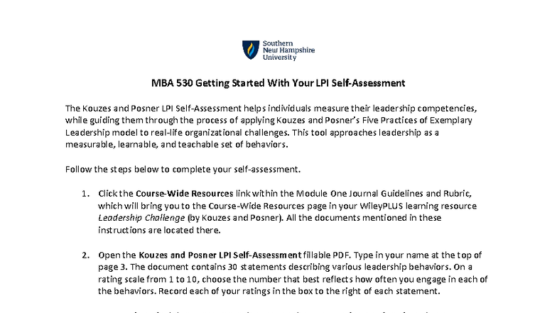 MBA 530 LPI Self-Assessment Guide: Applying Kouzes & Posner - Studocu