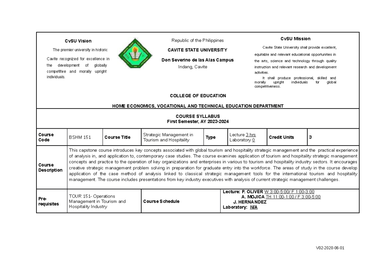 BSHM 151 Strategic Management in Tourism and Hospitality Syllabus - Studocu