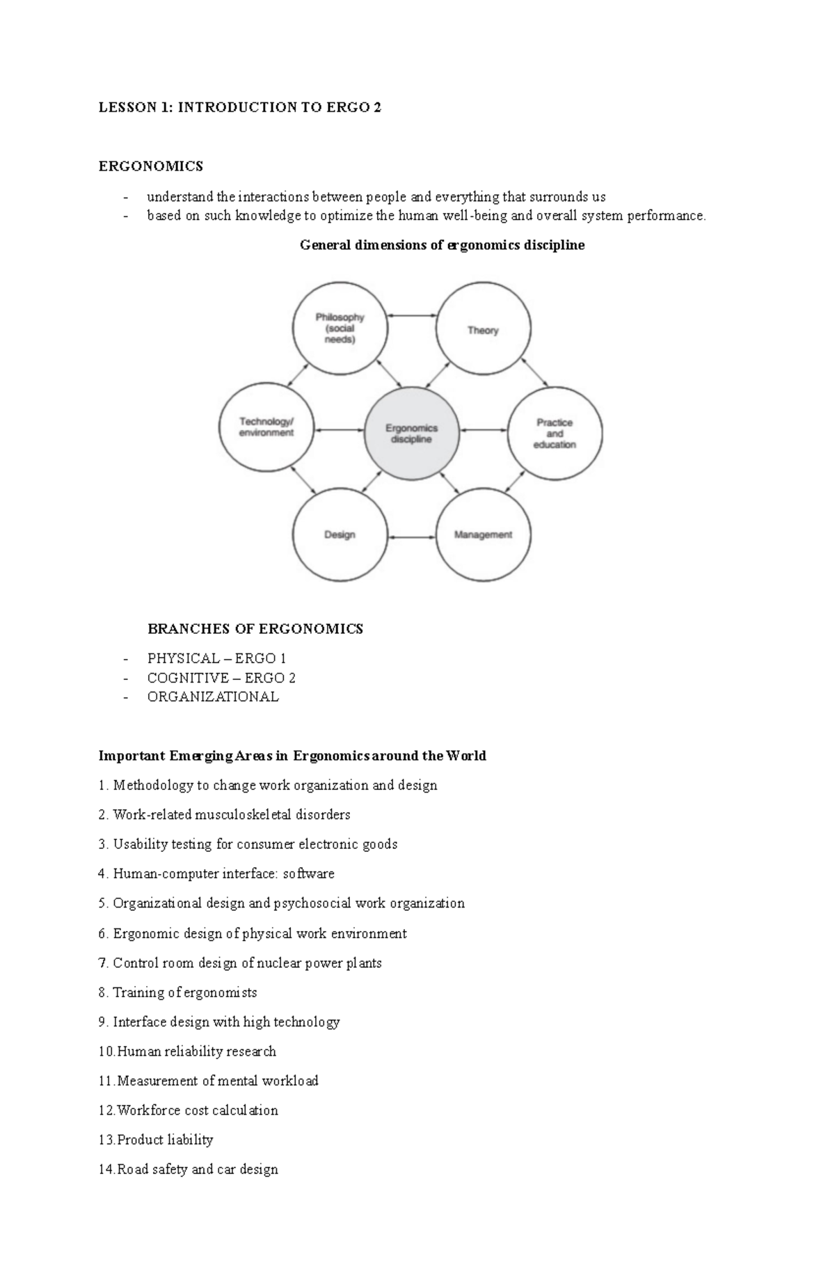 ERGO 2 Reviewer - LESSON 1: INTRODUCTION TO ERGO 2 ERGONOMICS understand the interactions ...
