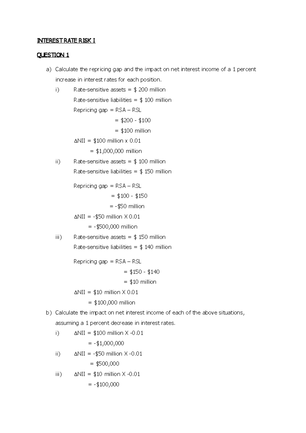Interest RATE RISK 1 Answer - INTEREST RATE RISK I QUESTION 1 a ...