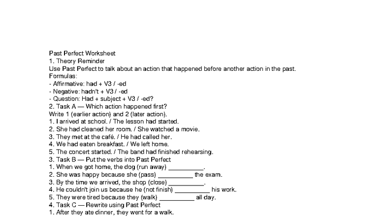 Past Perfect Worksheet 1: Understanding and Practice - Studocu
