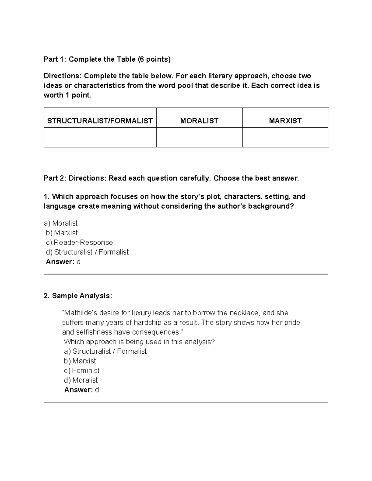 Assessment 1: Literary Approaches - Table Completion & Analysis - Studocu