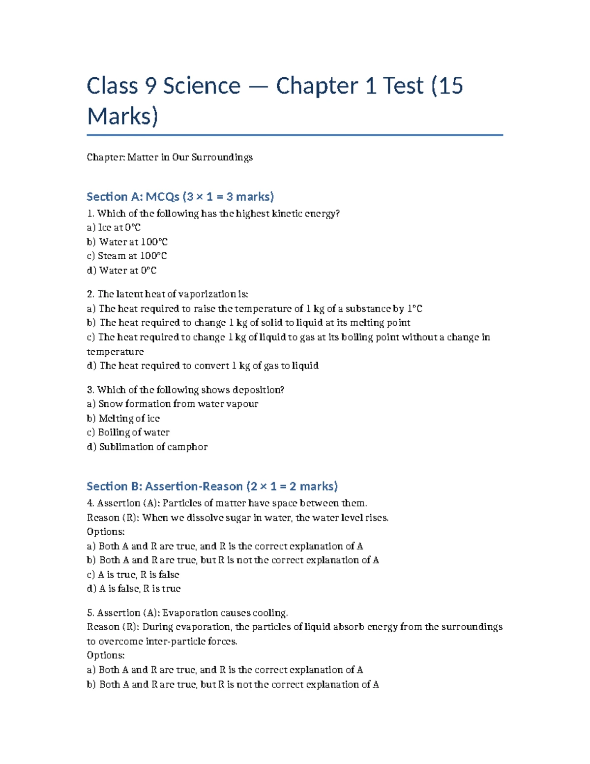 Class 9 Science Chapter 1 Test: Matter in Our Surroundings - Studocu
