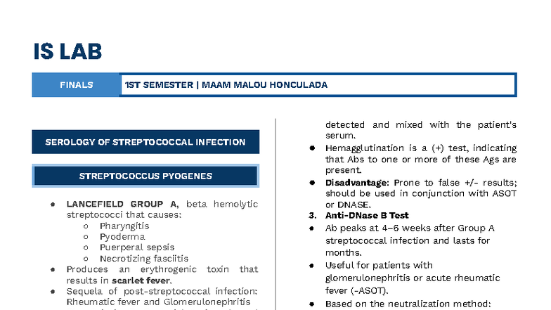 IS LAB FINALS: SEROLOGY OF STREPTOCOCCAL INFECTION & AUTOIMMUNE TESTS ...