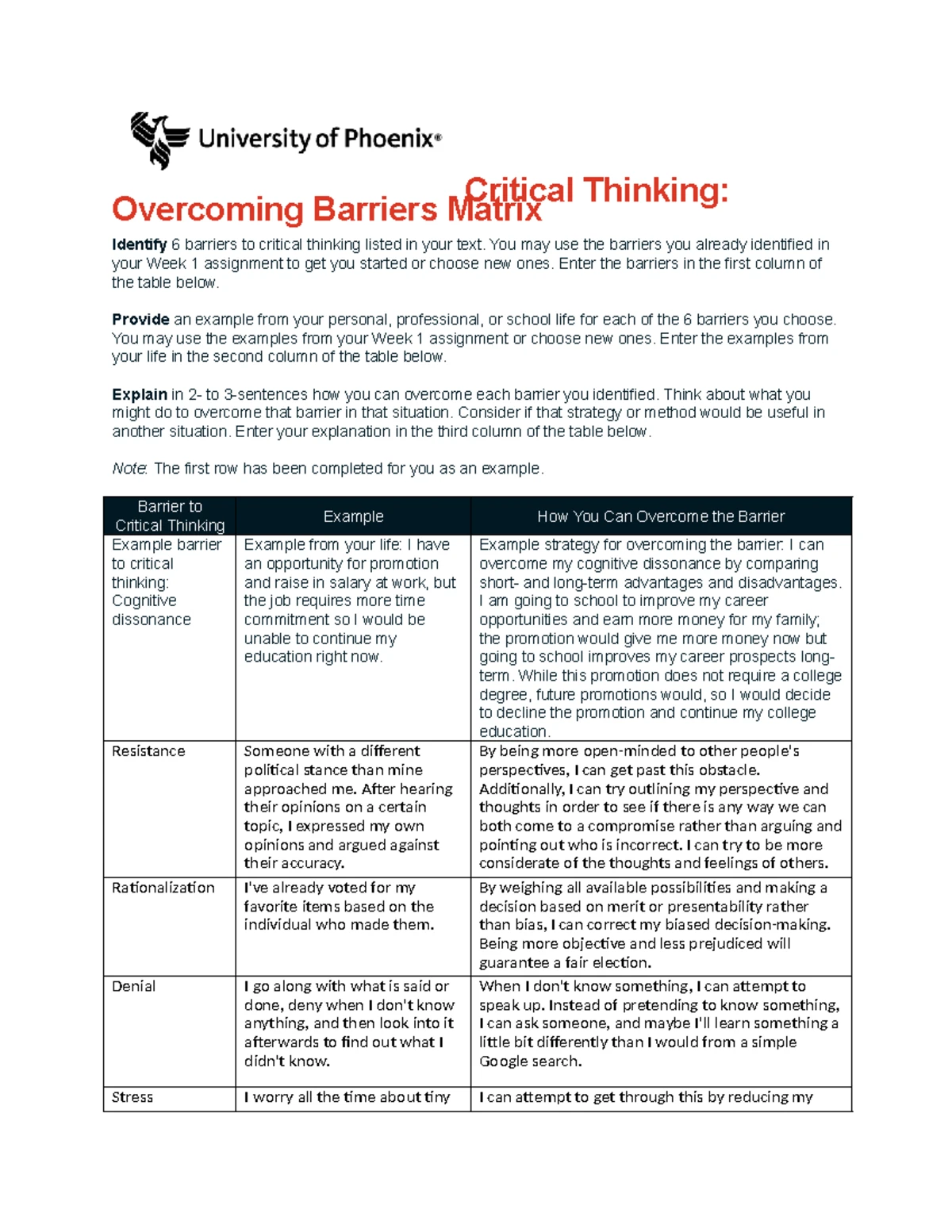 Hum115 v10 Week 1 Critical Thinking: Identifying Barriers Worksheet ...