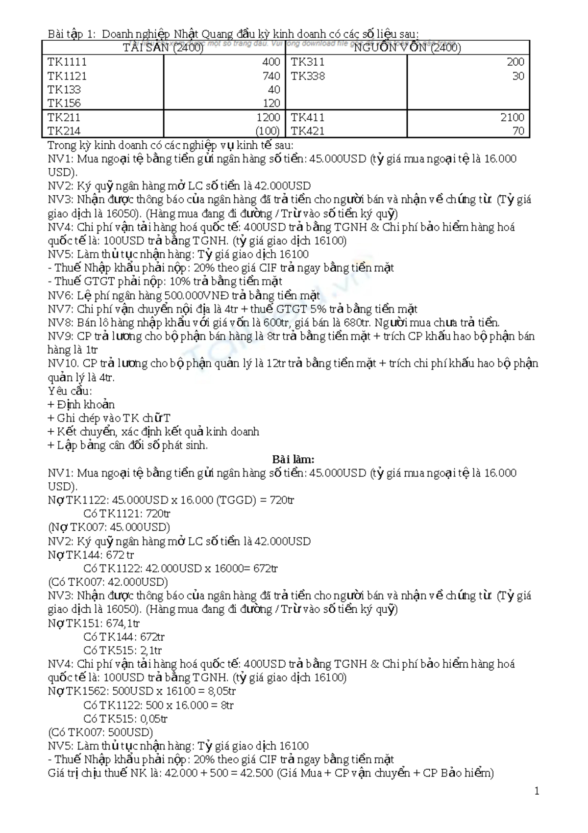 Bai tap nguyen ly ke toan co bai giai 2149 - Bài t ậ p 1 : Doanh nghi ệ p Nh ật Quang đ ầu kỳ ...