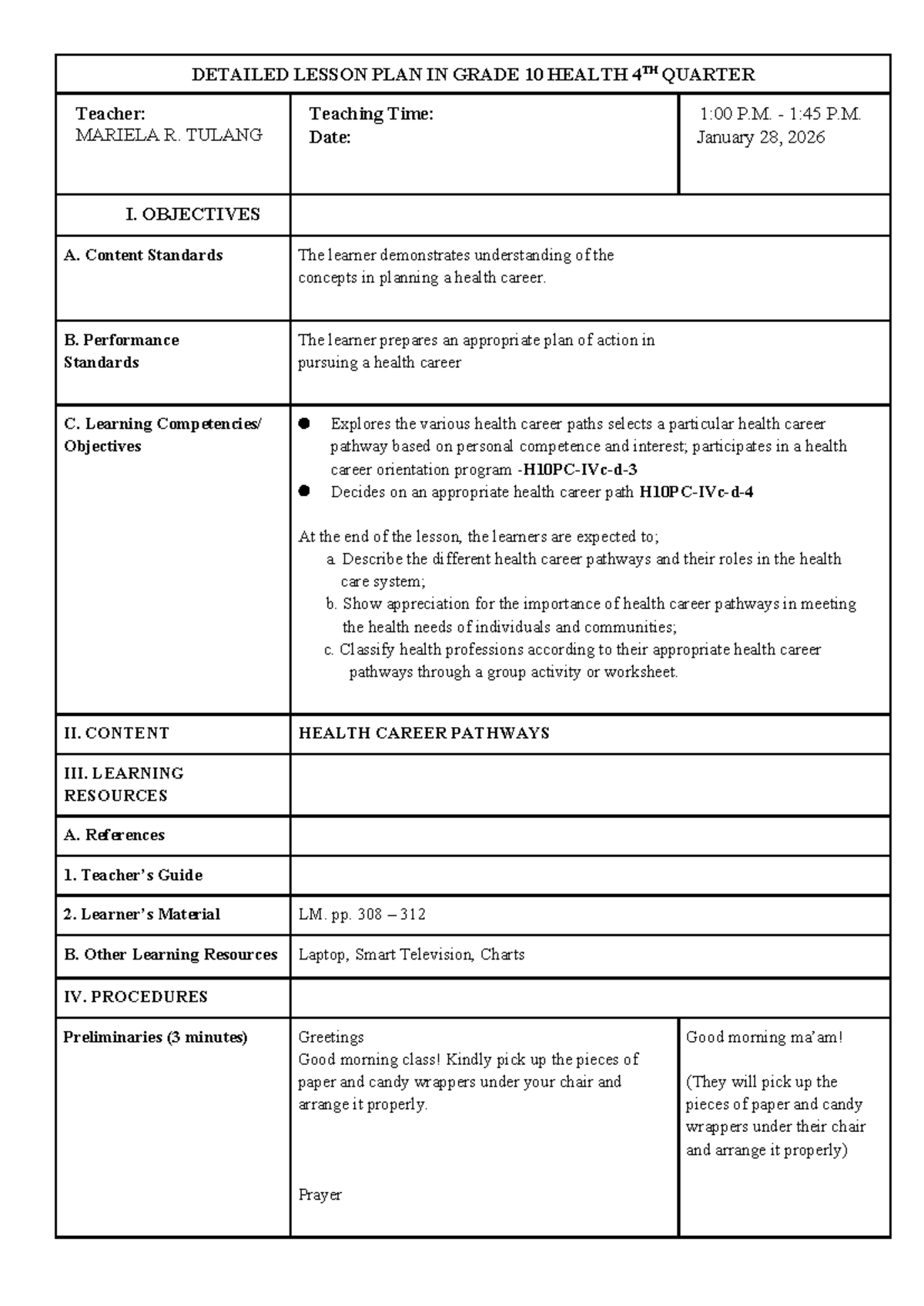2ND LESSON PLAN IN GRADE 10 HEALTH - 4TH QUARTER - Studocu