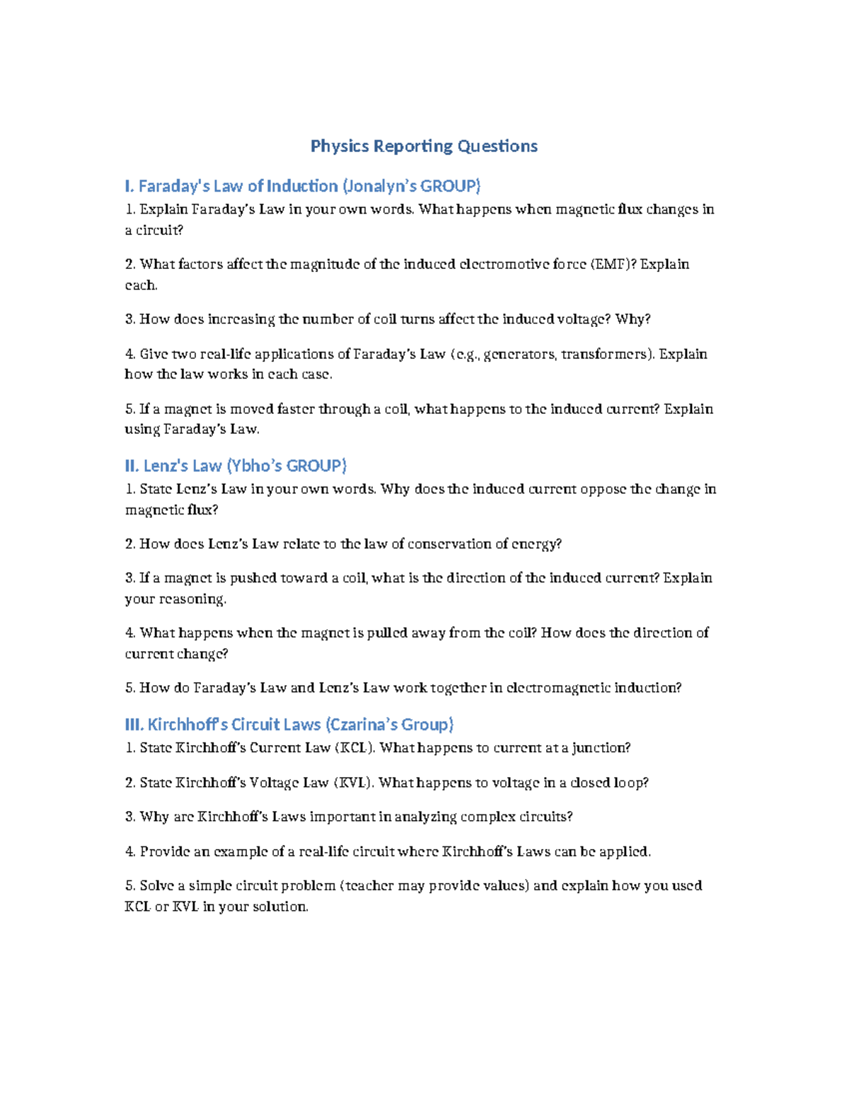 Physics Reporting Questions I: Law of Induction & Circuit Laws - Studocu