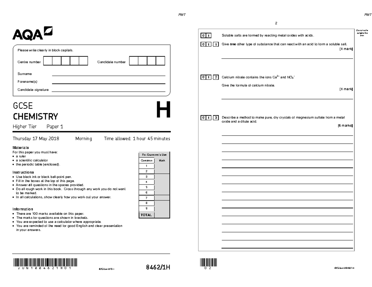 GCSE CHEMISTRY H 2018 Paper 1 Exam Questions and Answers - Studocu