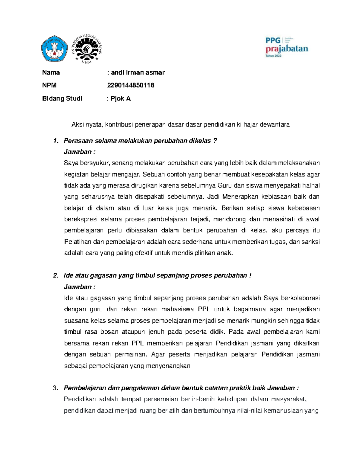 Aksi nyata tpk 2 filosofi pendidikan - Nama : andi irman asmar NPM ...