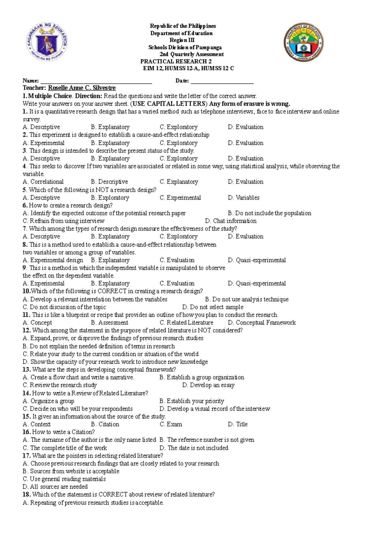 PR2 2nd Quarter Assessment - Practical Research 2 Exam Guide - Studocu