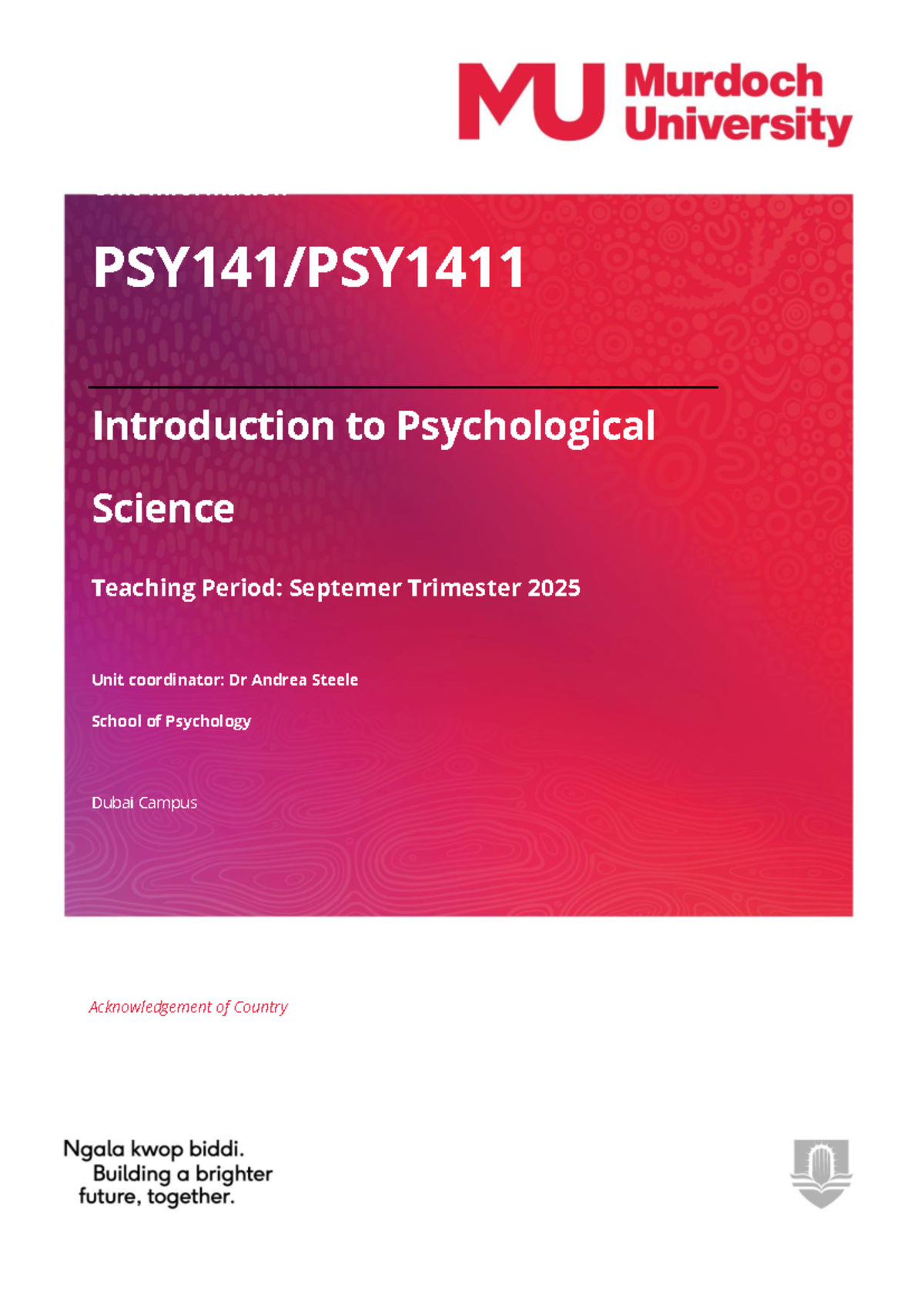 PSY141 Unit Guide: Introduction to Psychological Science 2025 - Studocu