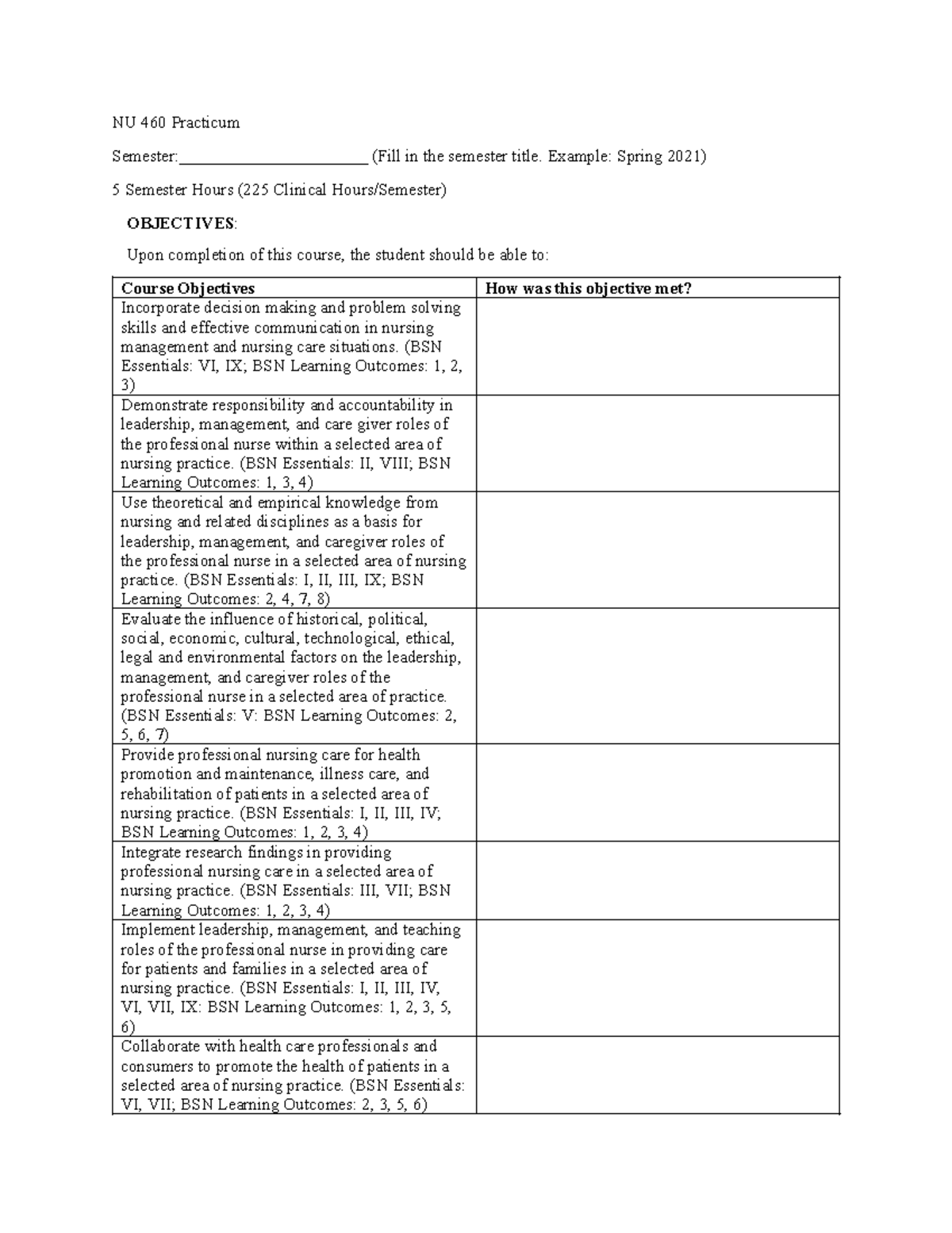 NU 460 Practicum Objectives Table revised 1 - NU 460 Practicum Semester