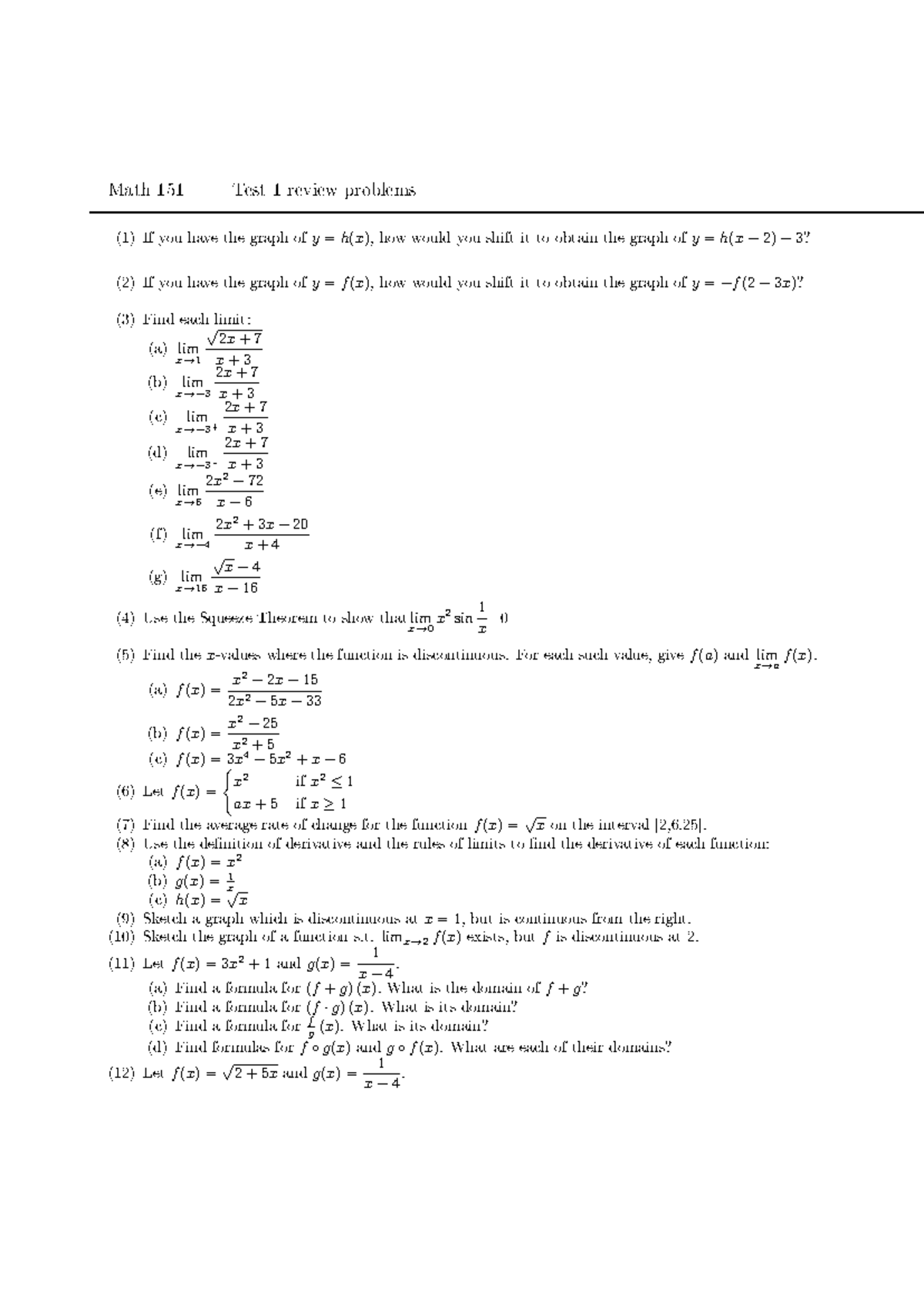 Math 151 Test 1 Review: Problems & Solutions - Studocu