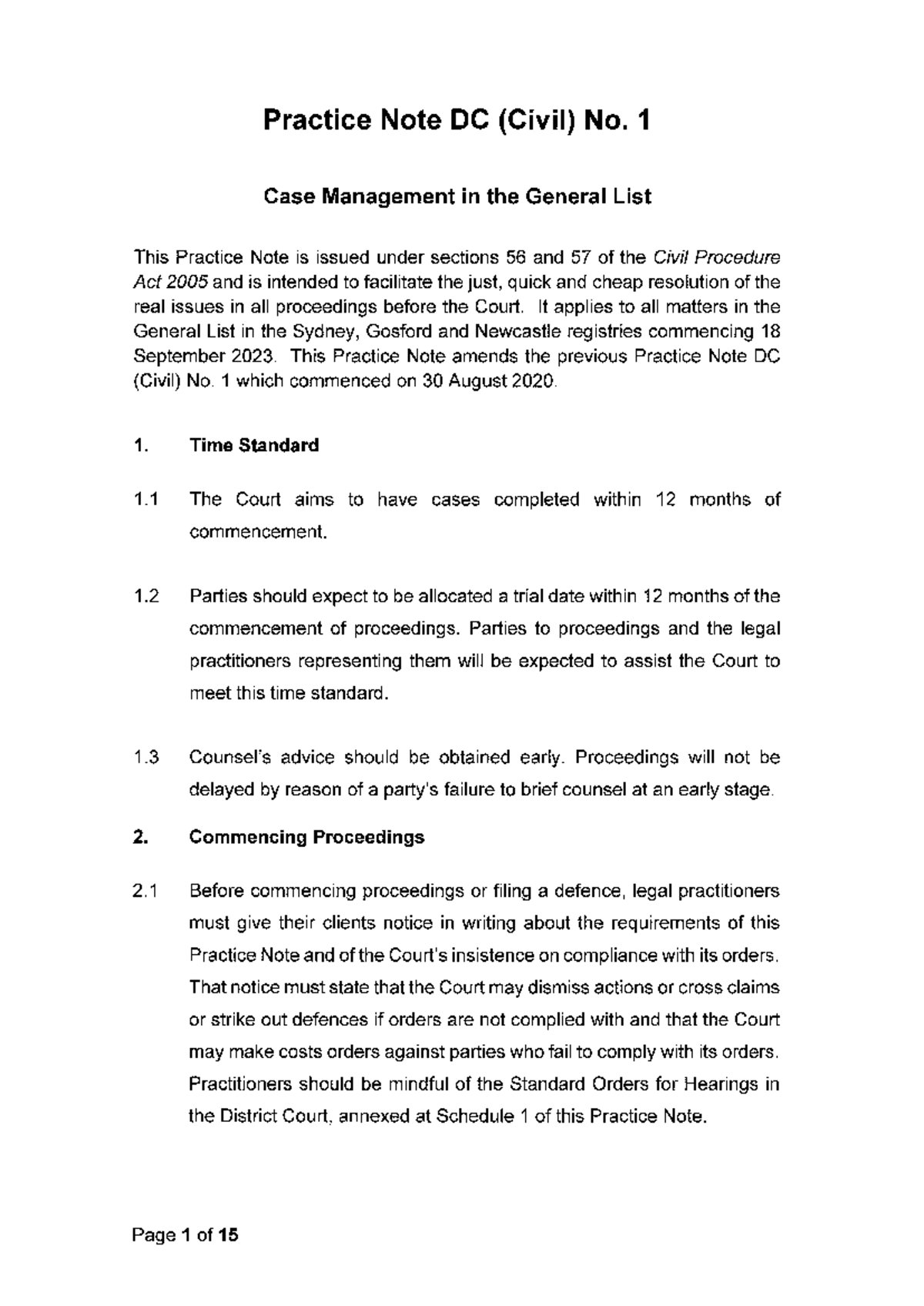Practice Note DC (Civil) No. 1: Case Management Guidelines 2023 - Studocu