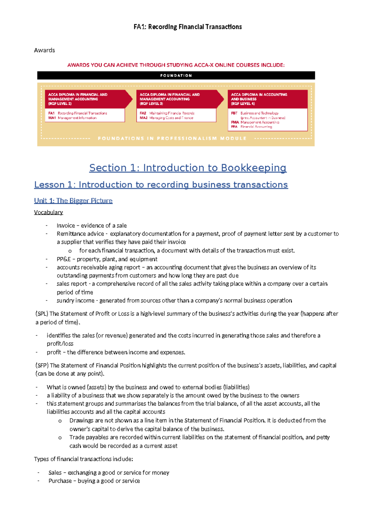 FA1 - Comprehensive Guide to Recording Financial Transactions - Studocu