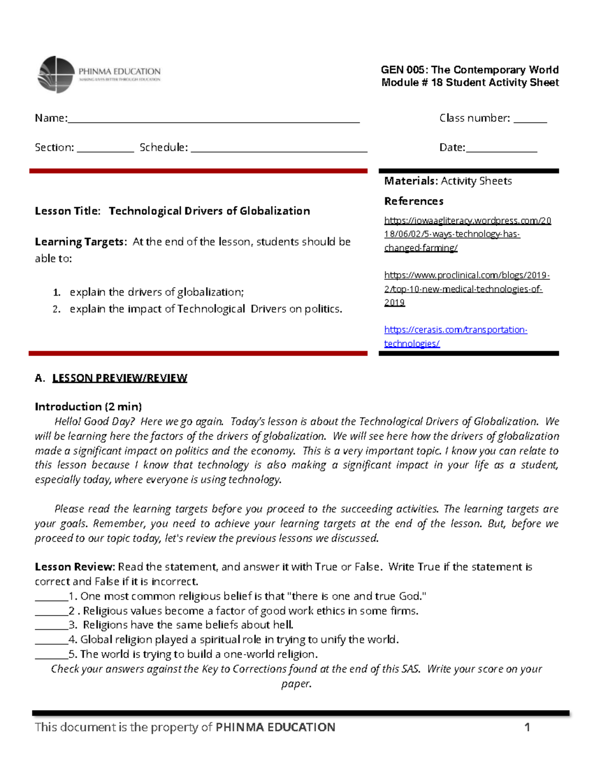 GEN 005: Technological Drivers of Globalization - Student Activity ...